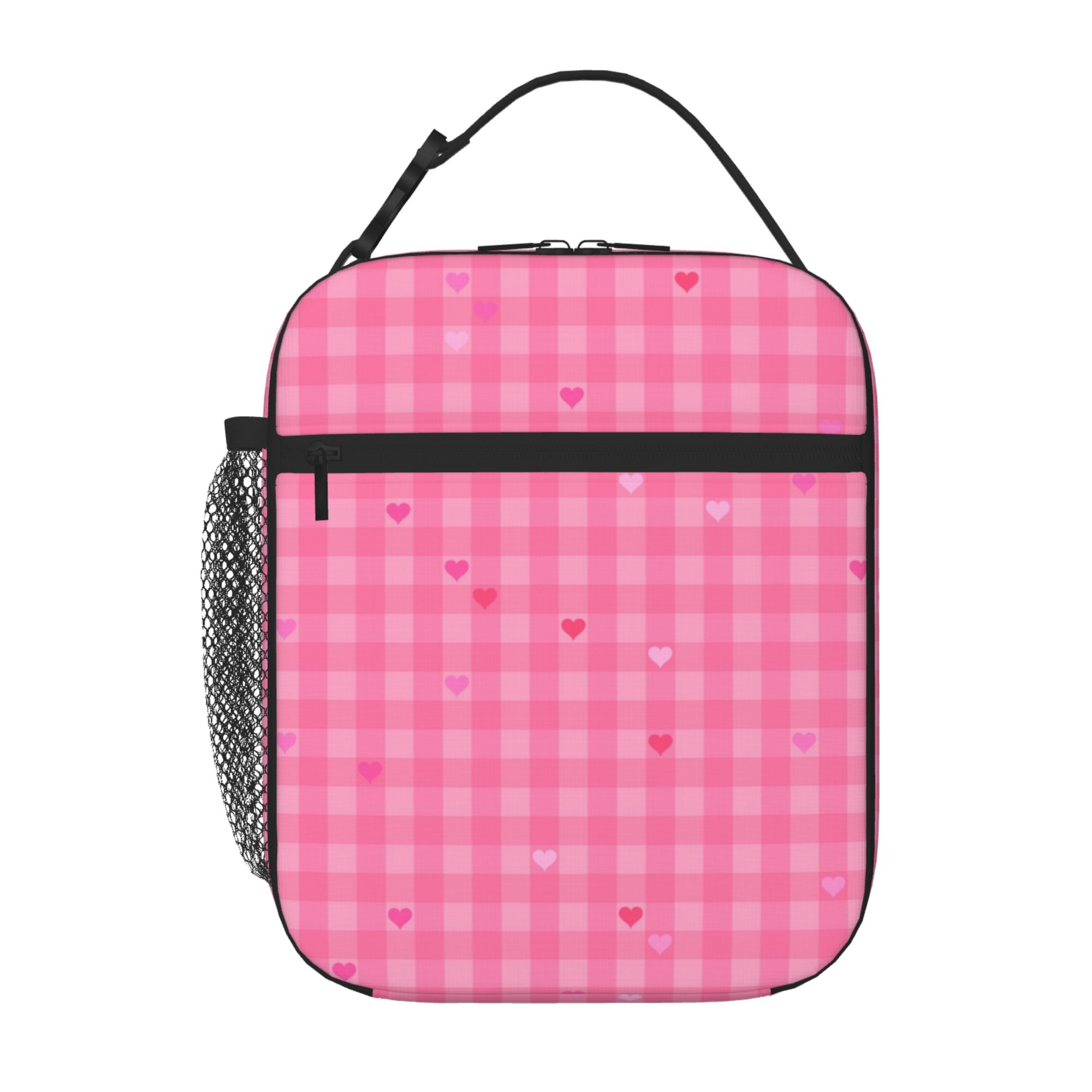 TEQUAN Portable Lunch Bag, Pink Hearts Love Checkered Pattern Reusable ...