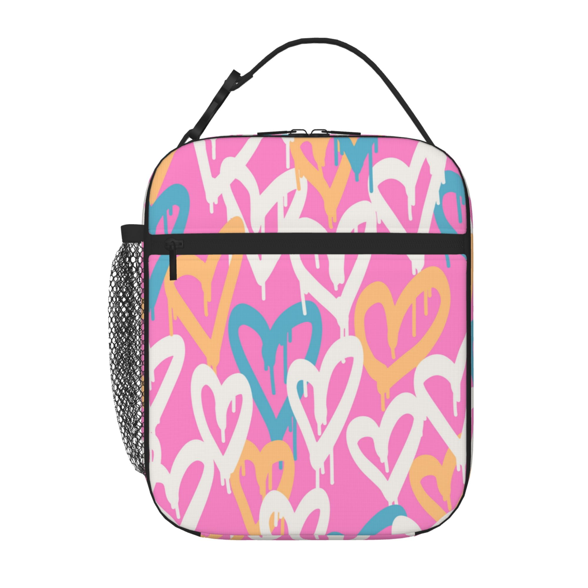 TEQUAN Portable Lunch Bag, Pink Street Hearts Graffiti Pattern Reusable ...