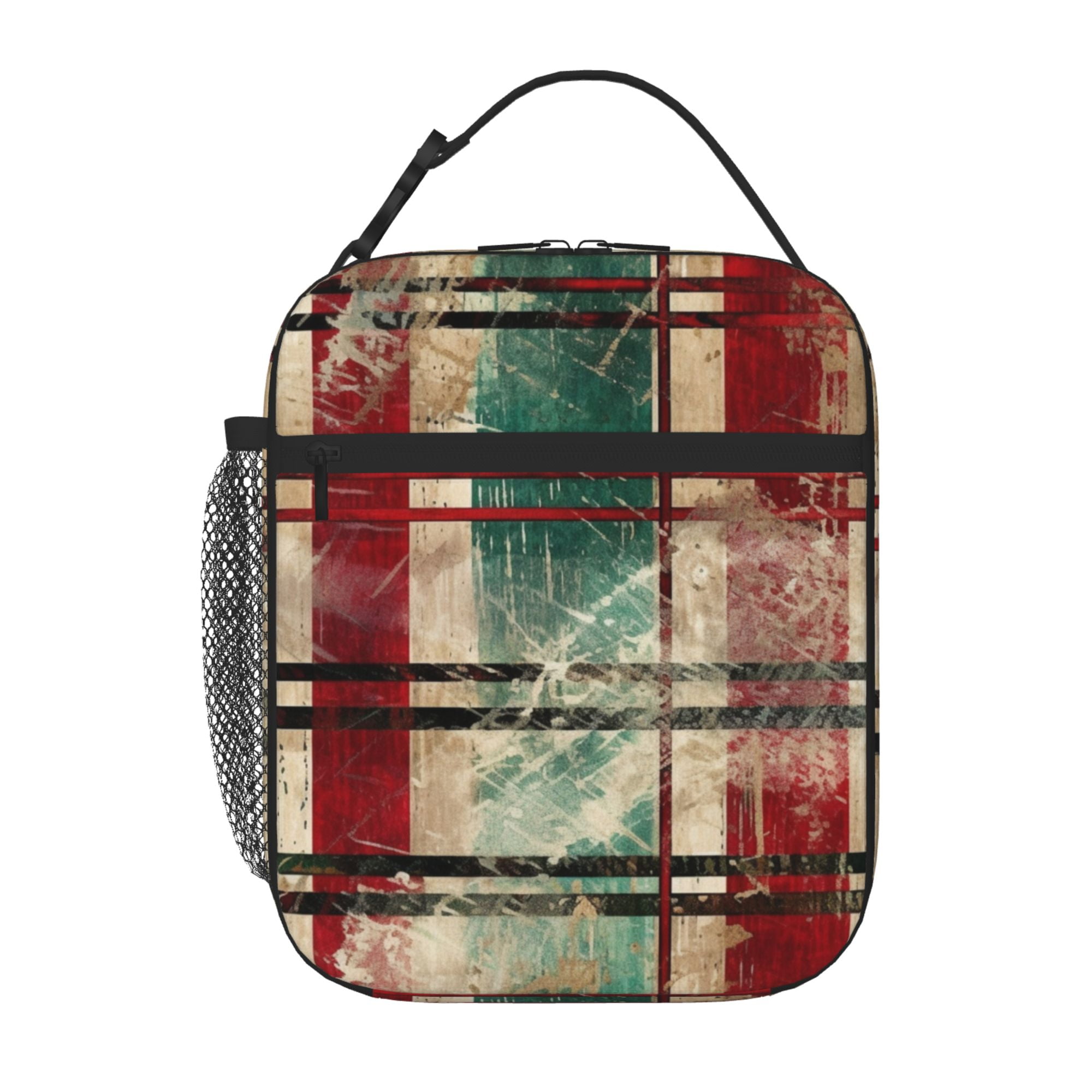 TEQUAN Portable Lunch Bag, Red and Green Grunge Plaid Pattern Reusable ...