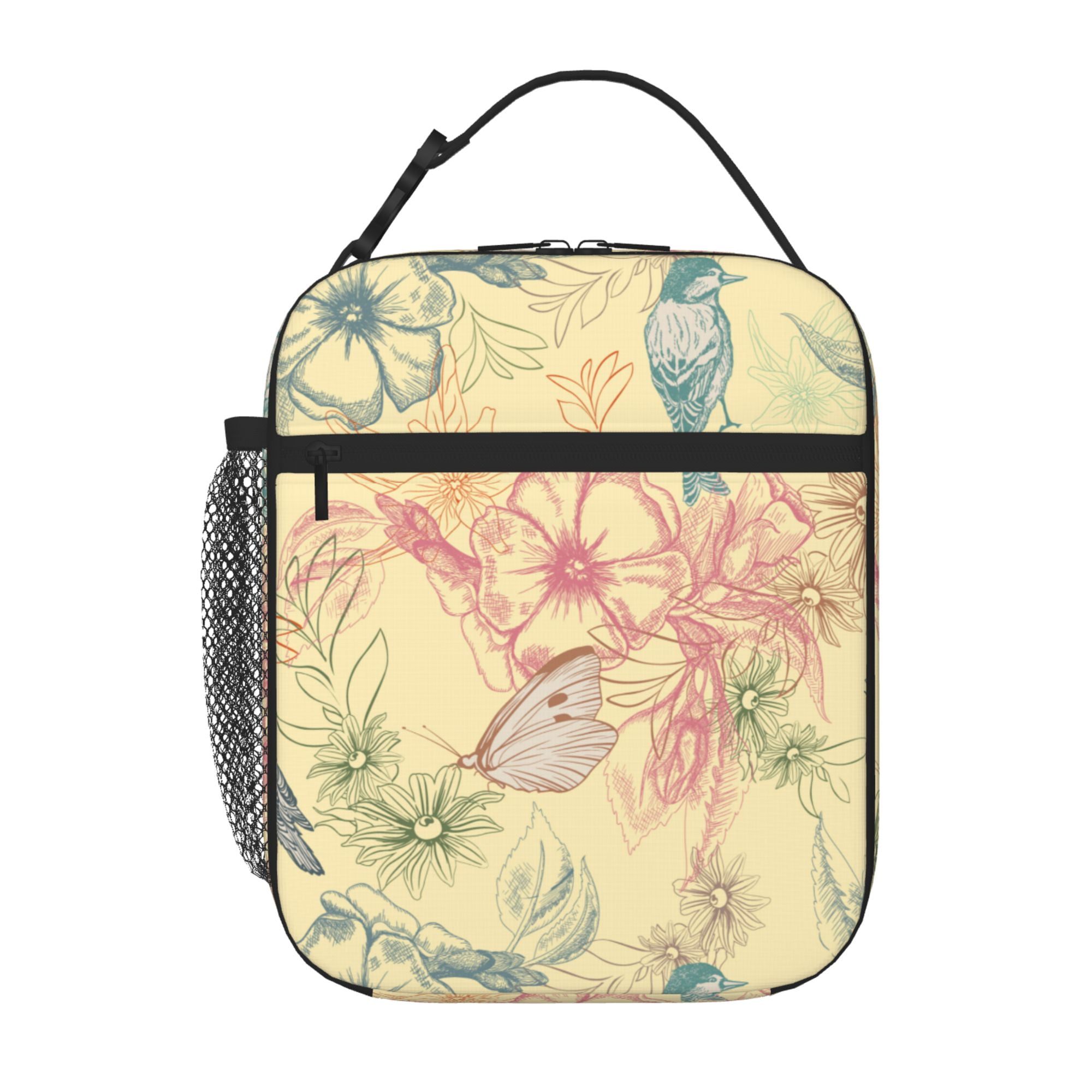 TEQUAN Portable Lunch Bag, Roses Butterfly Bird Sketch Pattern Reusable ...