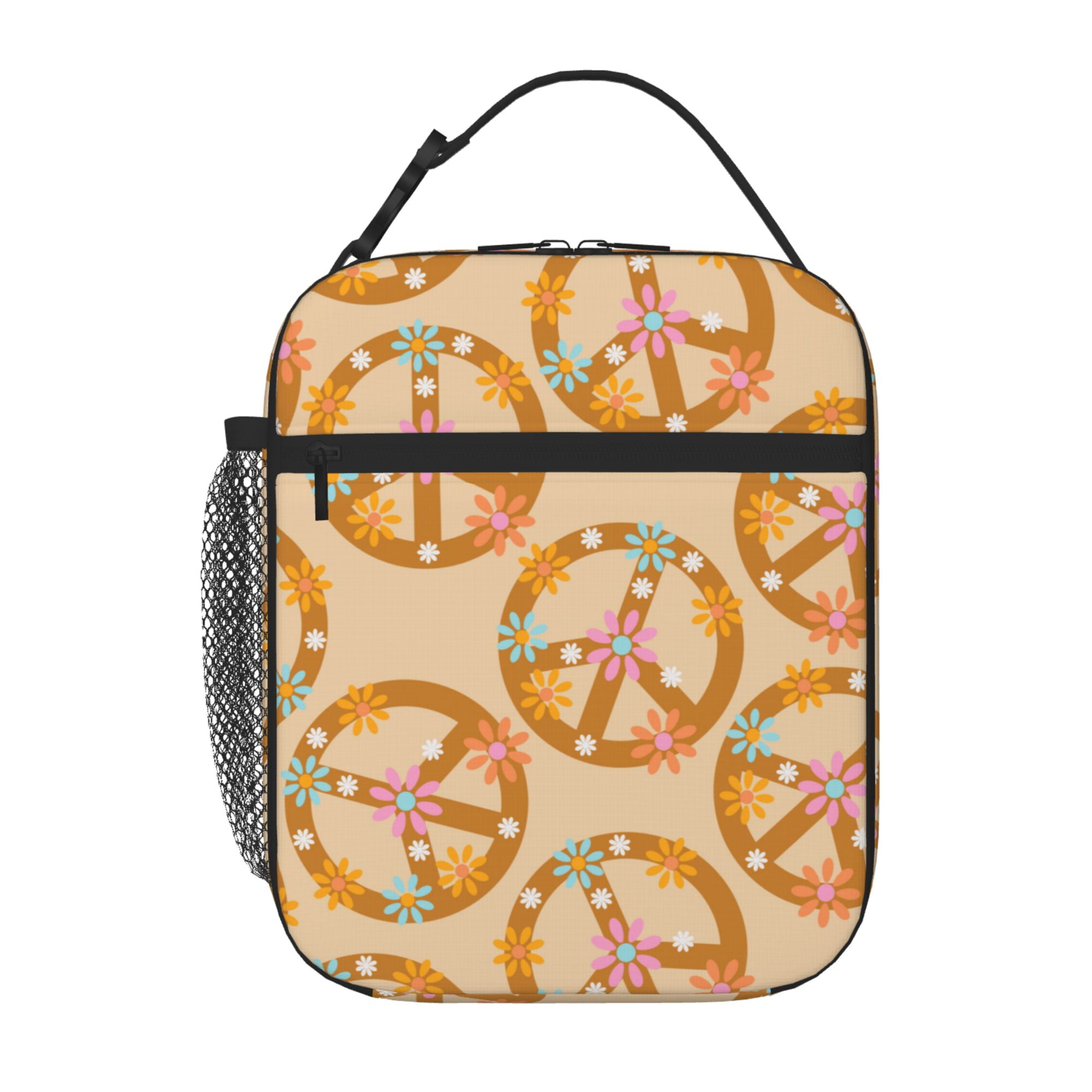 TEQUAN Portable Lunch Bag, Vintage Floral Peace Symbol Pattern Reusable ...