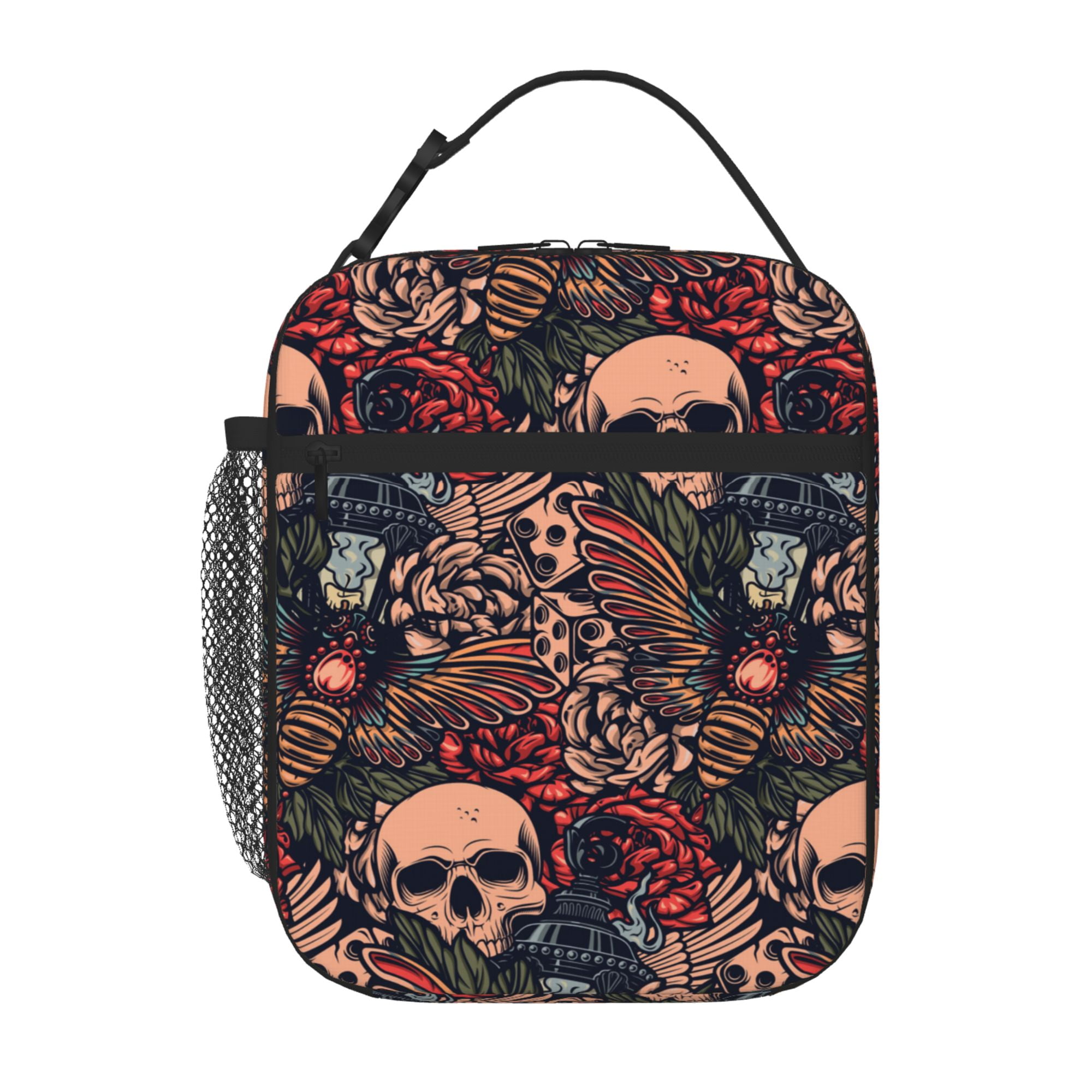 TEQUAN Portable Lunch Bag, Vintage Red Skull Flowers Pattern Reusable ...