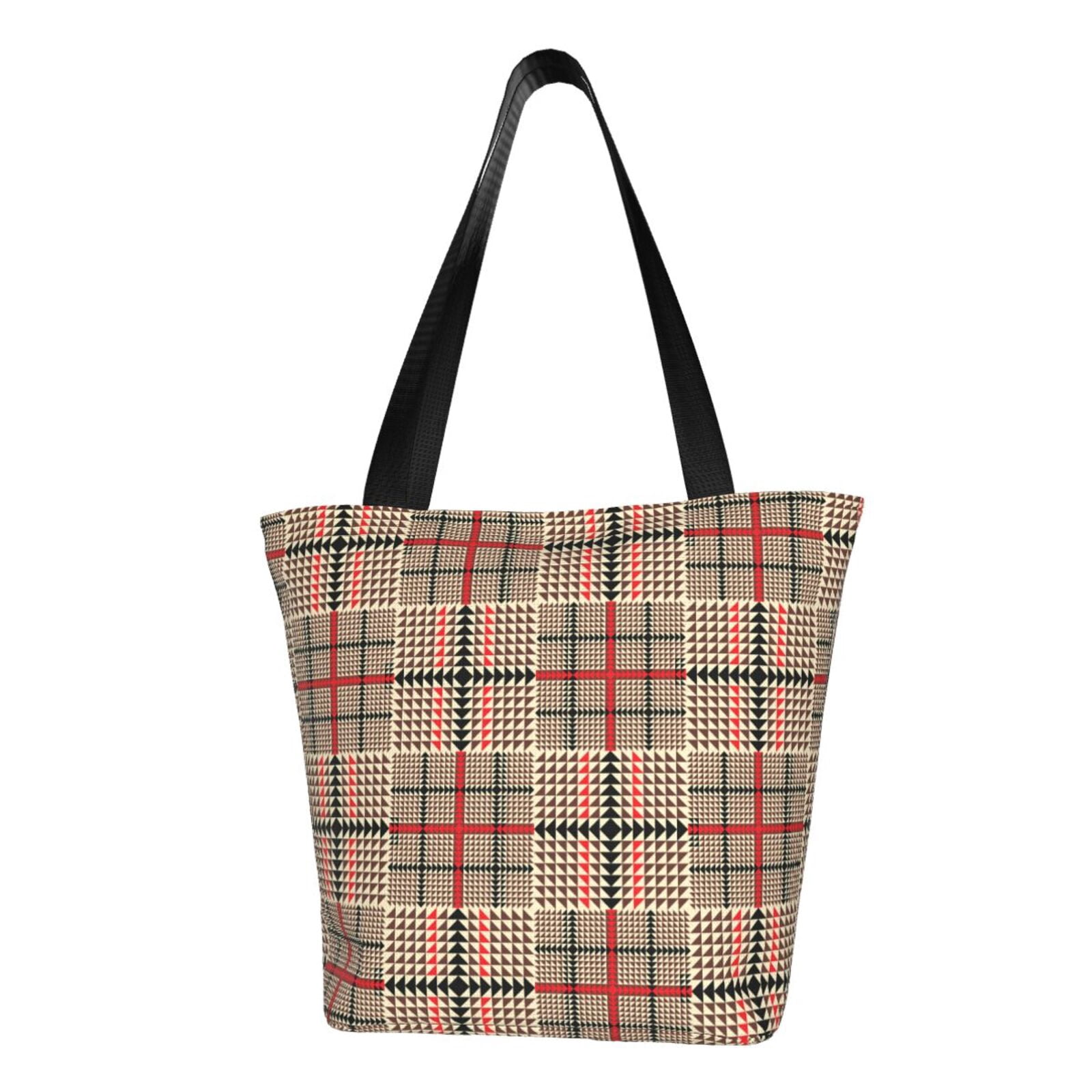 TEQUAN Reusable Shoulder Tote Bags, Brown Fashion Plaid Prints ...