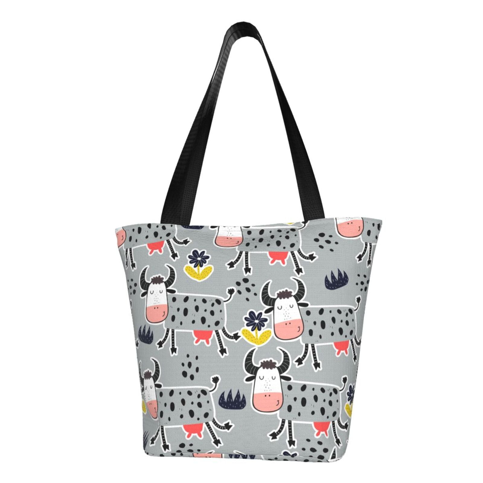TEQUAN Reusable Shoulder Tote Bags, Cartoon Happy Dairy Cows Prints ...