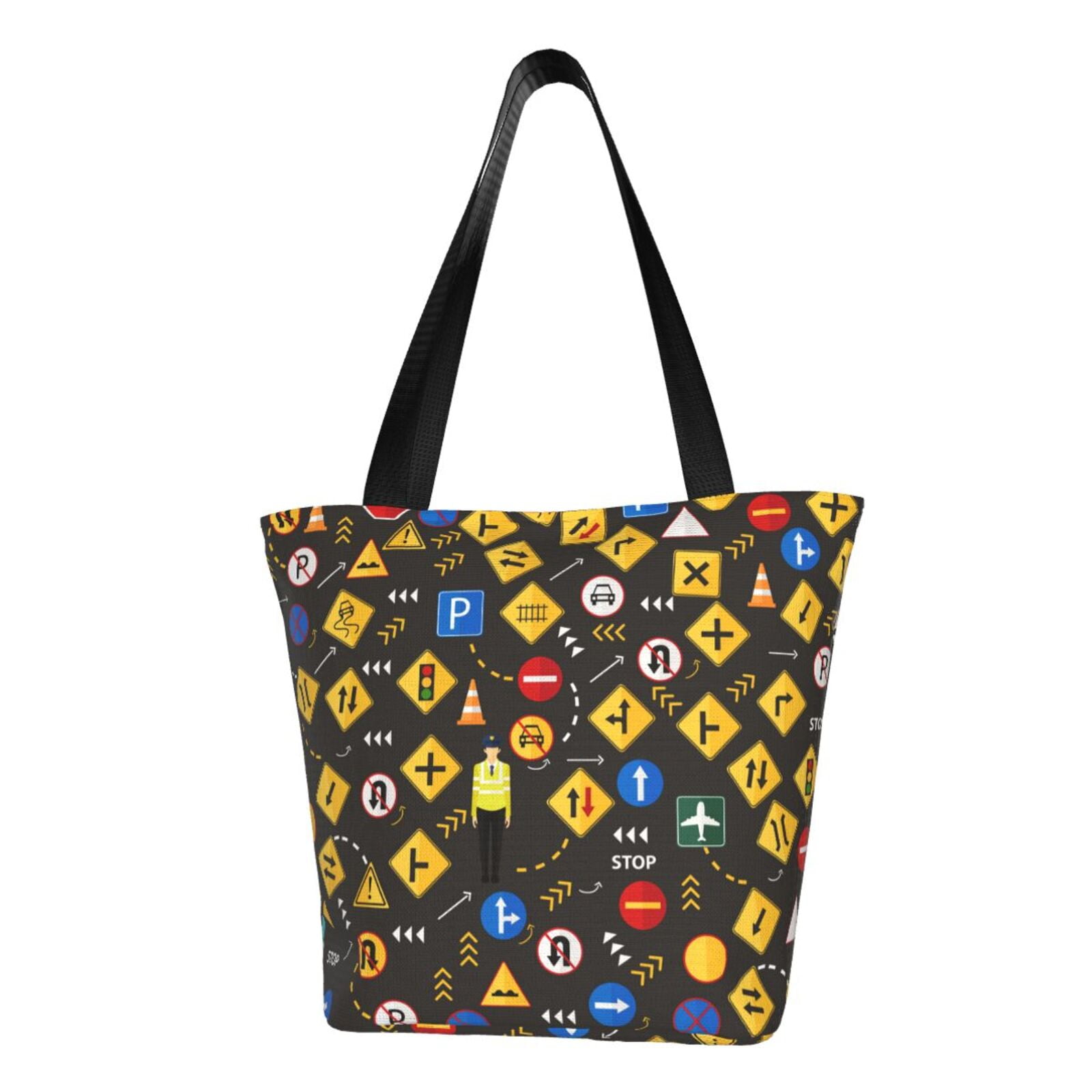 TEQUAN Reusable Shoulder Tote Bags, Road Safety Traffic Signs Prints ...