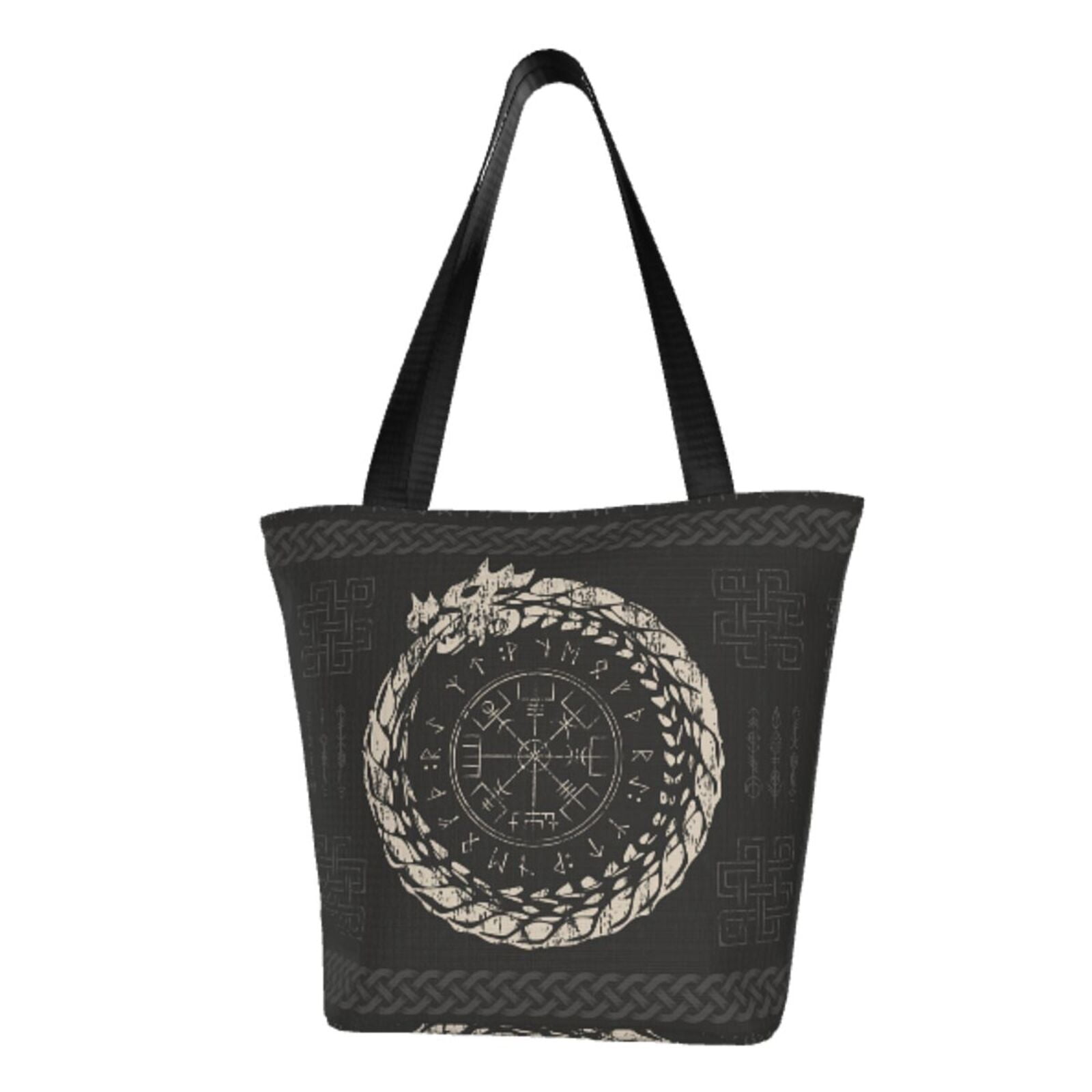 TEQUAN Reusable Shoulder Tote Bags, Viking Runes Dragon Grey Prints ...
