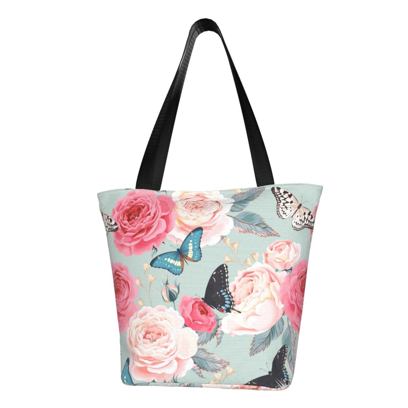 TEQUAN Reusable Shoulder Tote Bags, Vintage Pink Roses Butterflie ...