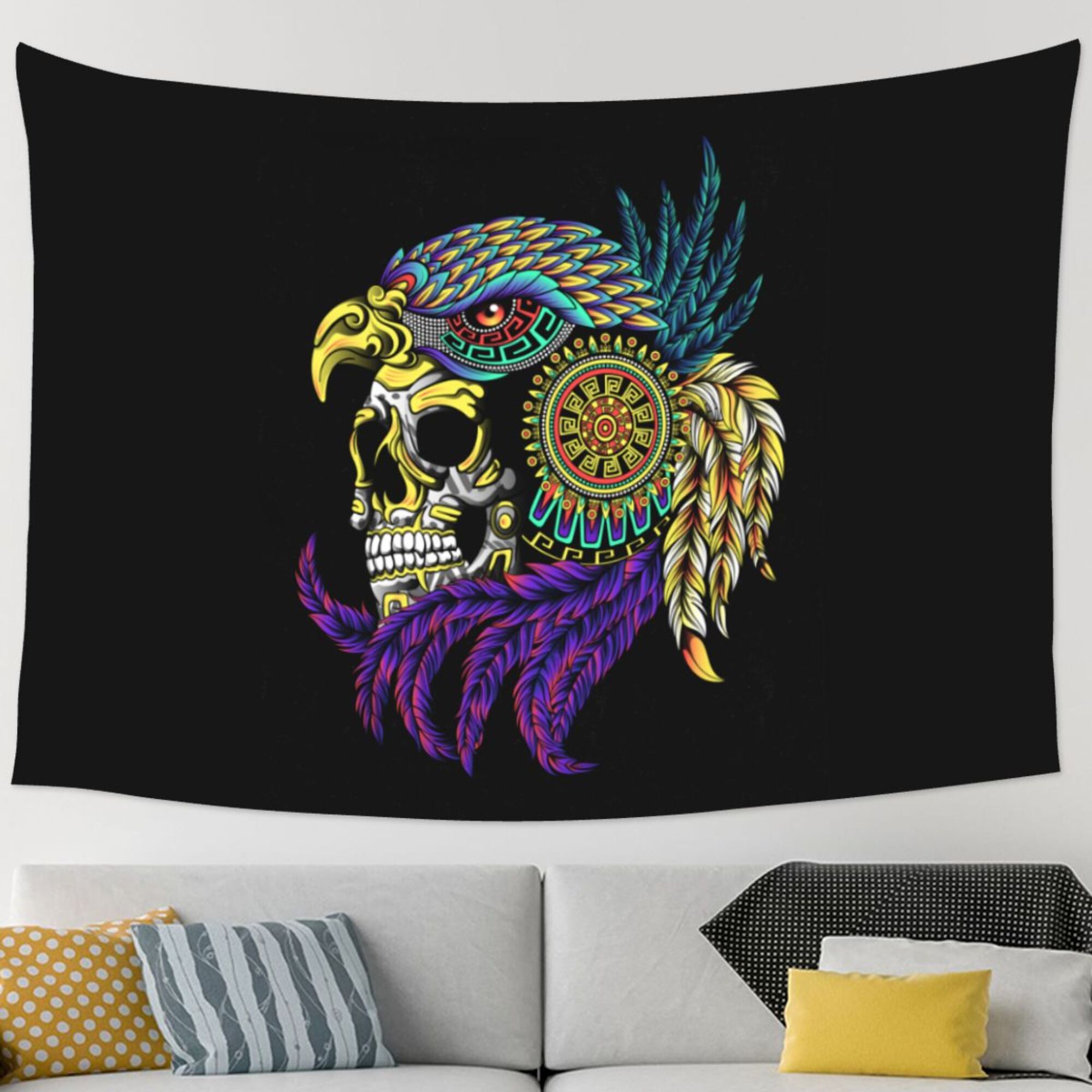 TEQUAN Skull Aztec Ethnic Triditional Pattern Large Tapestry, Aesthetic ...