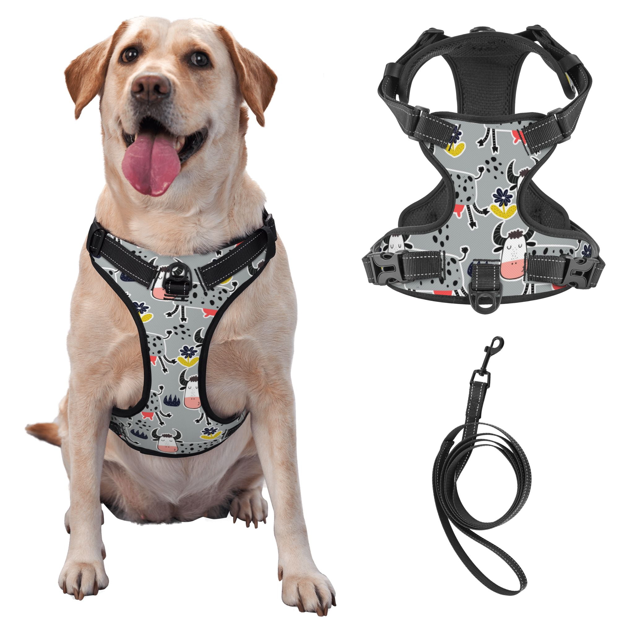 TEQUAN Small Dog Harness with Leash, Cartoon Happy Dairy Cows Prints ...
