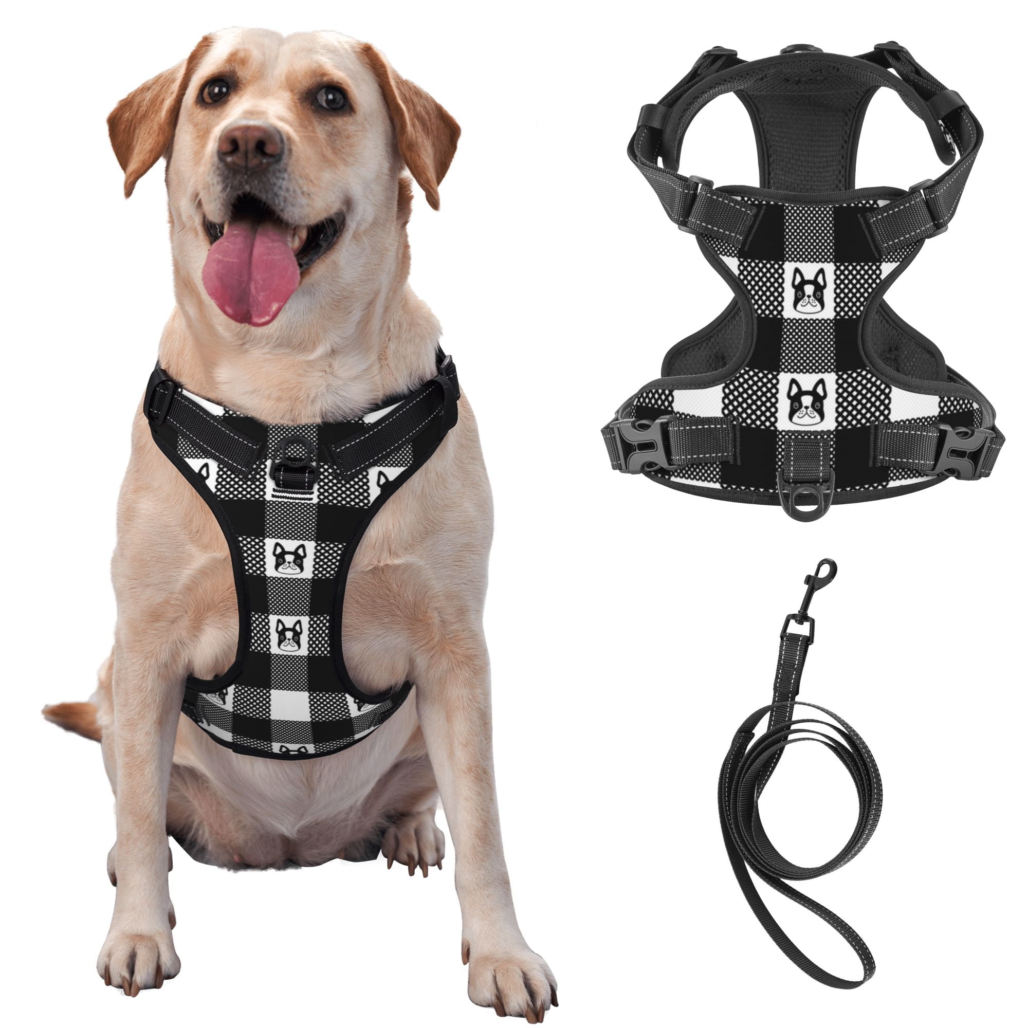 TEQUAN Small Dog Harness with Leash, Cartoon Pet Dog Checked Prints ...