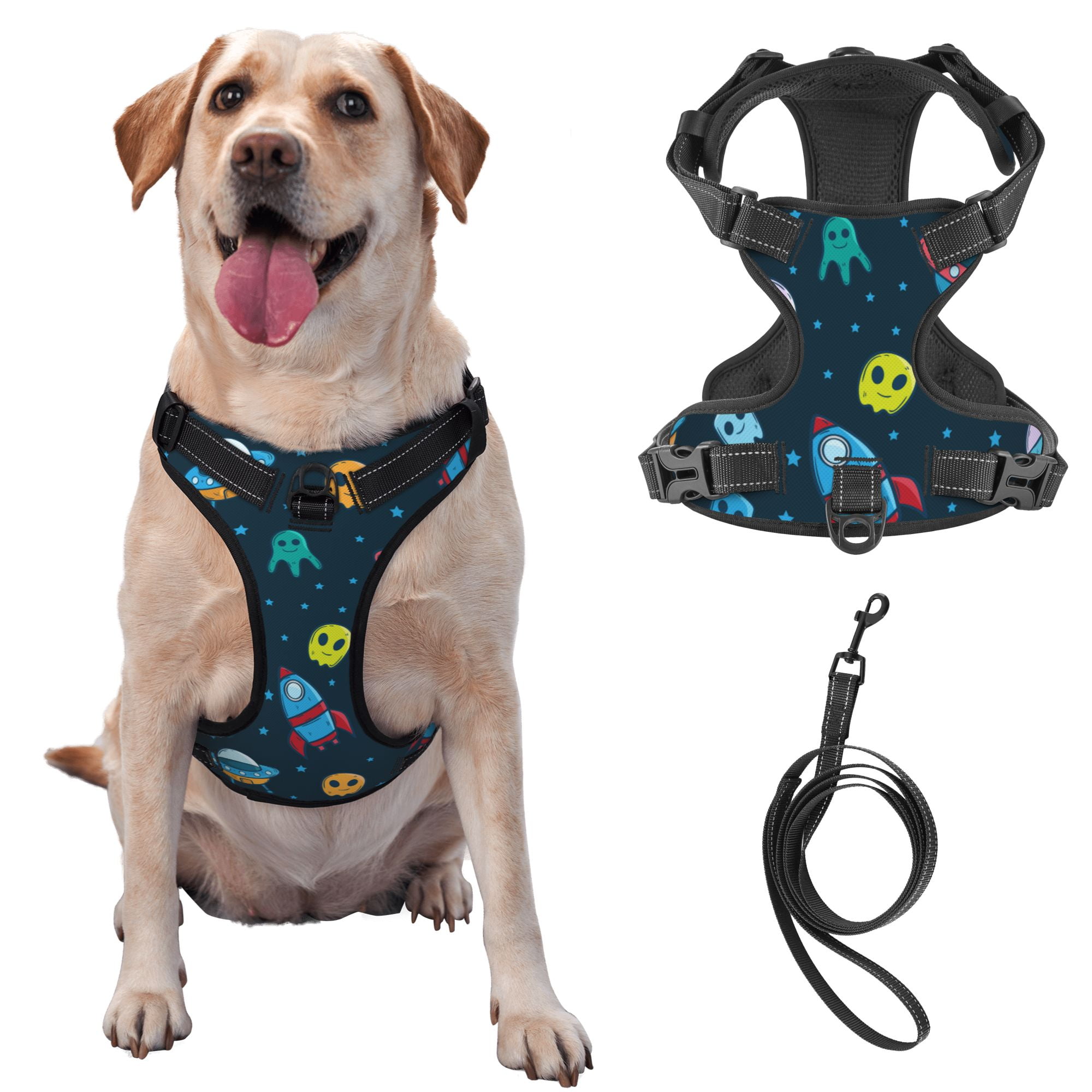 TEQUAN Small Dog Harness with Leash, Cartoon UFO Spaceship Rockets ...