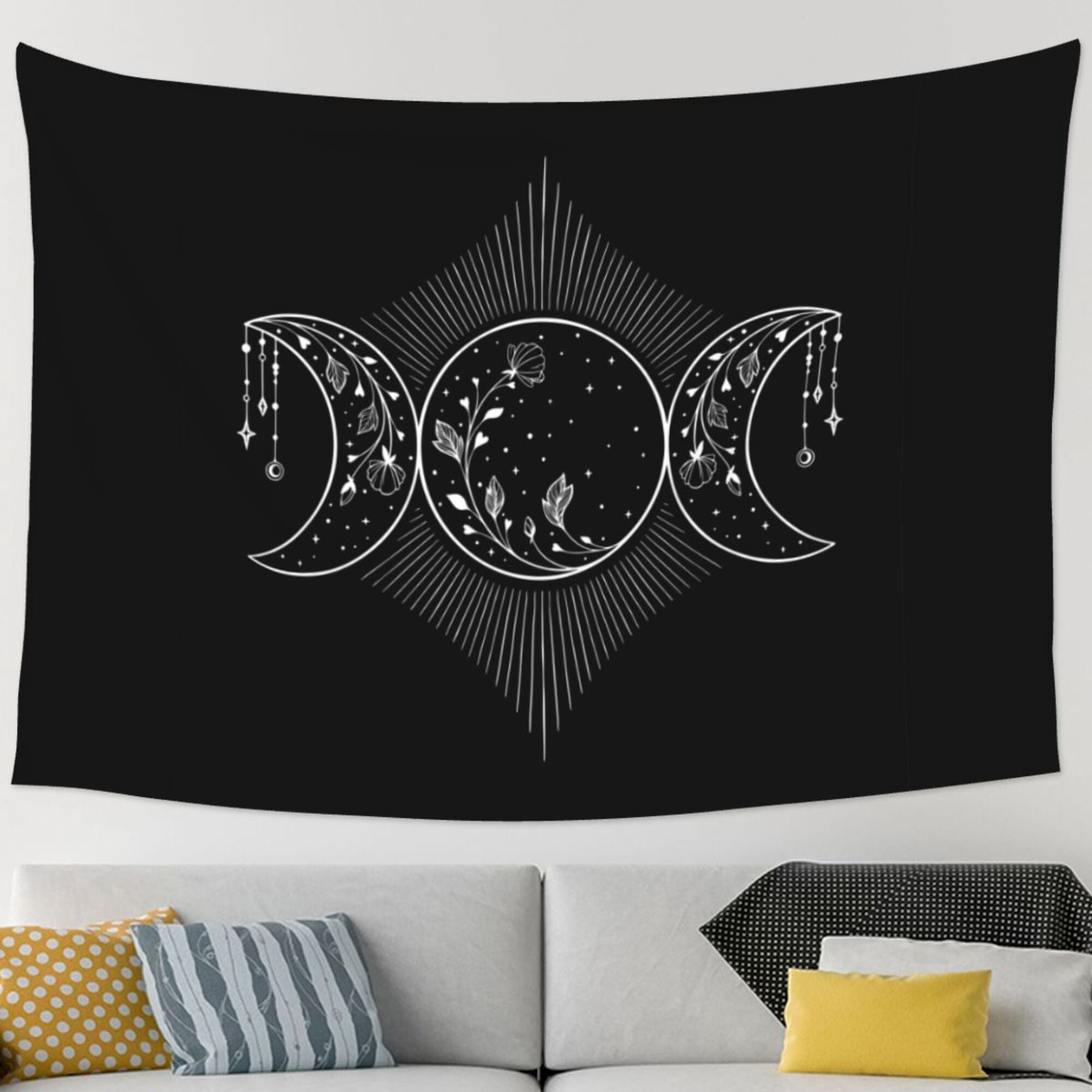 TEQUAN Triple Moon with Flowers Stars Pattern Large Tapestry, Aesthetic ...