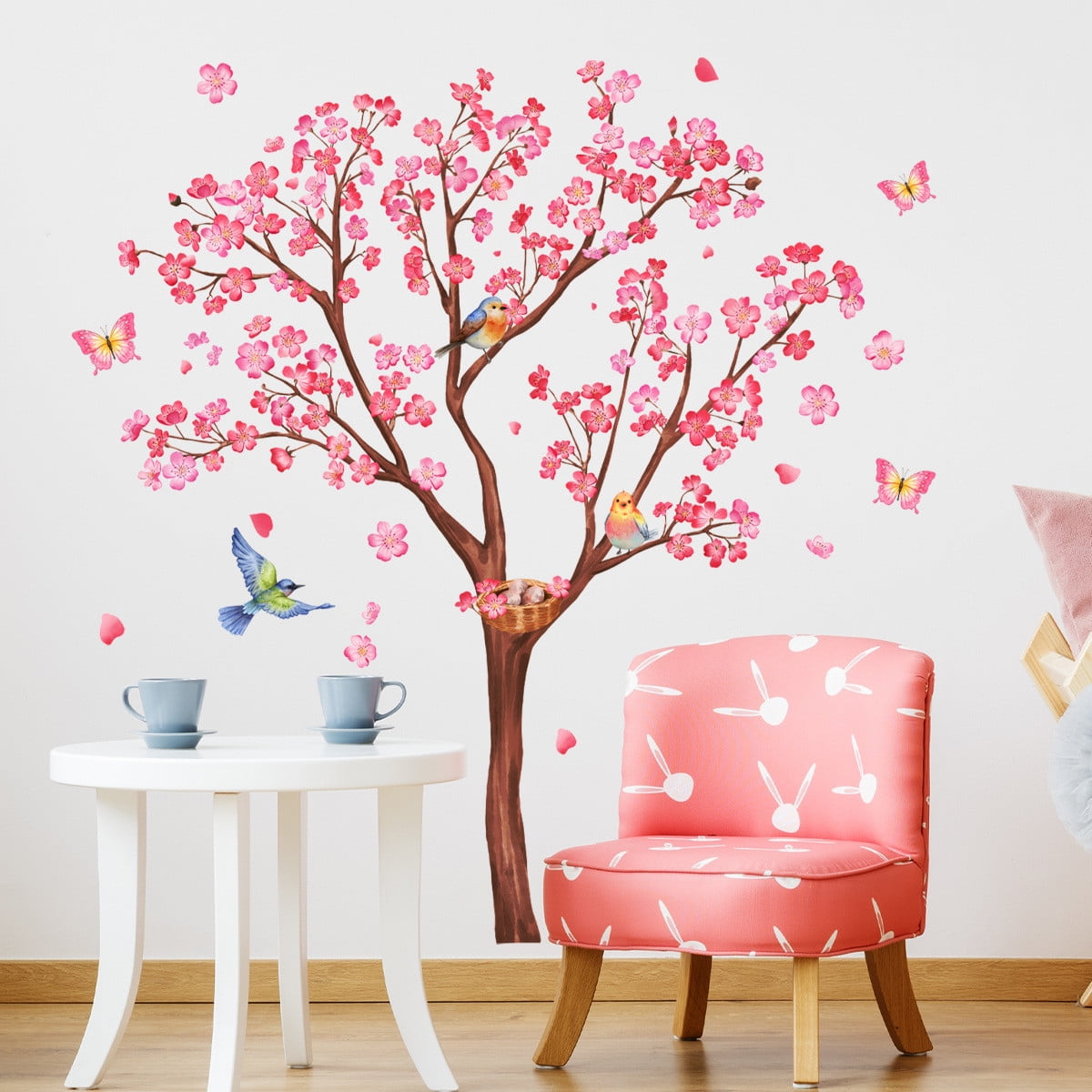 TERGAYEE Pink Plum Blossom Flower Tree Wall Decals,Birds on Branch Wall ...