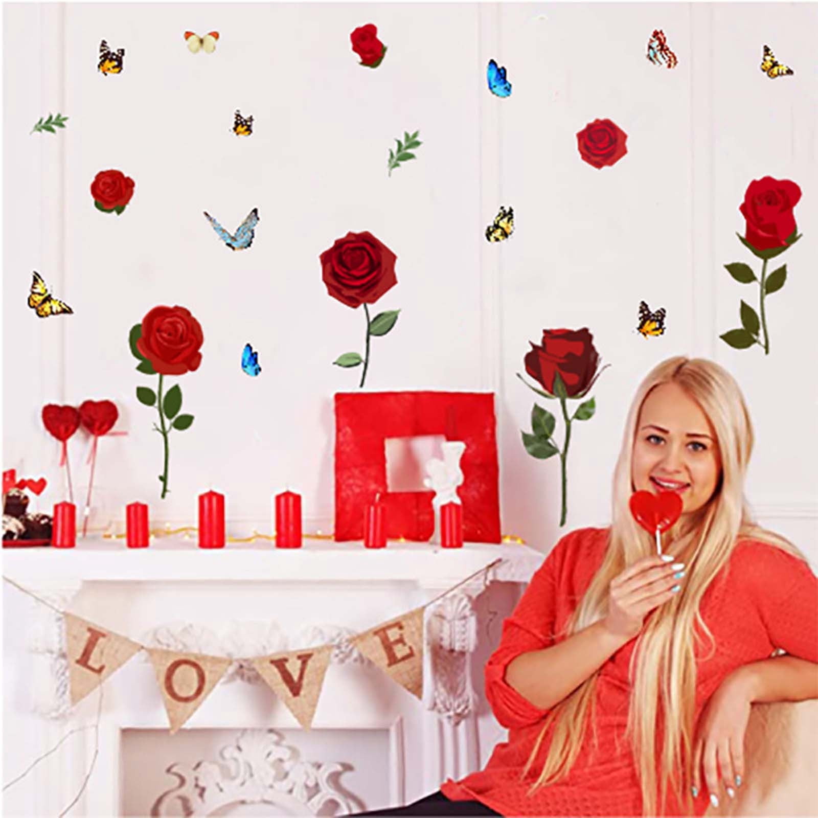 TERGAYEE Stickers Valentine's Day Red Rose Decals Living Room ...