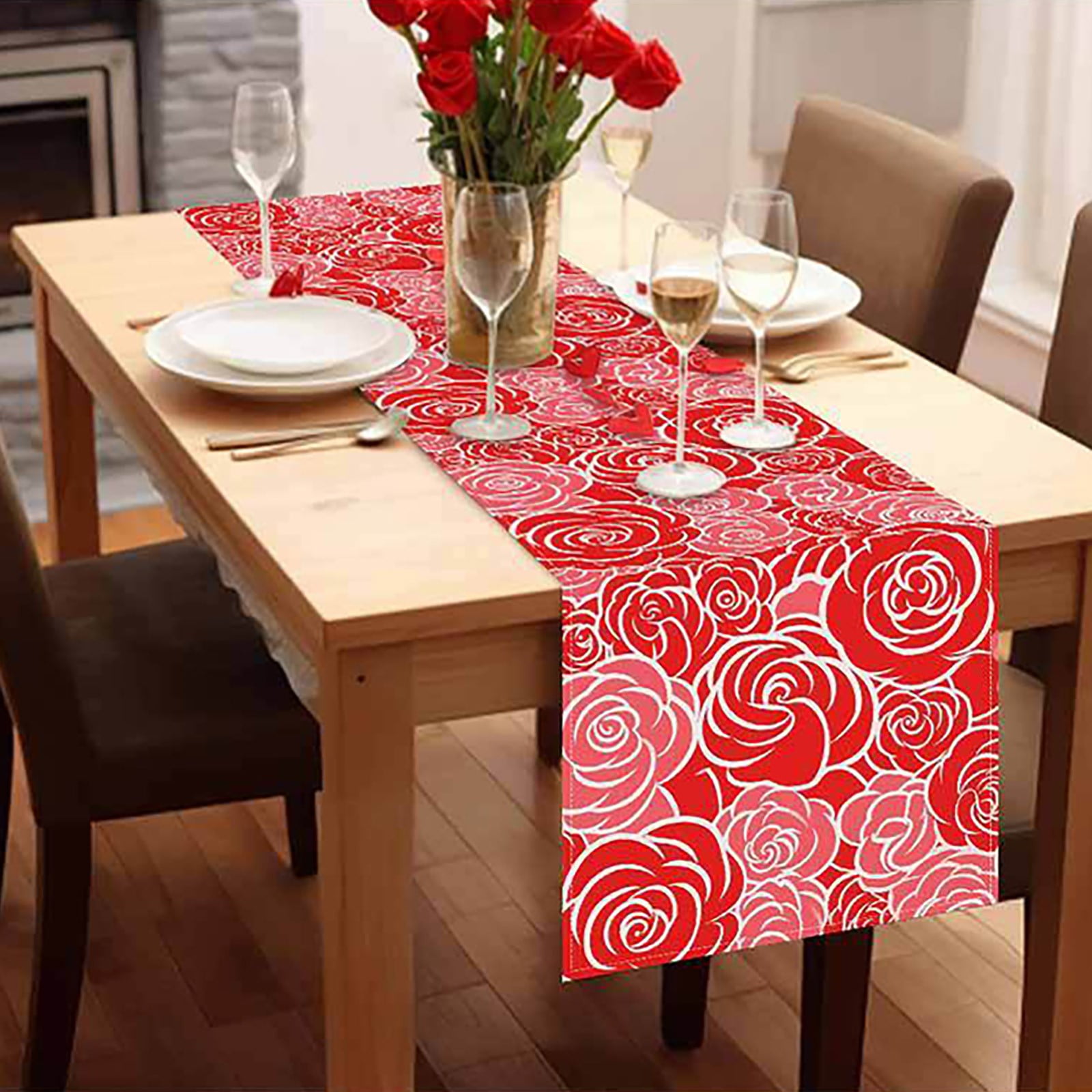 TERGAYEE Valentines Tablecloth Valentine's Day Flower Table Flag ...