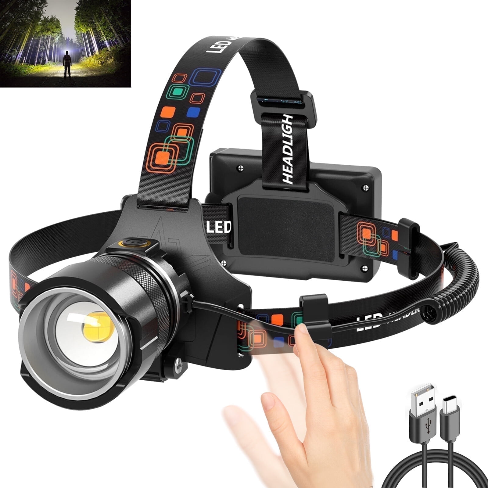 TERRALYX Headlamp Rechargeable,900000LM Super Bright Led Head Lamp with ...