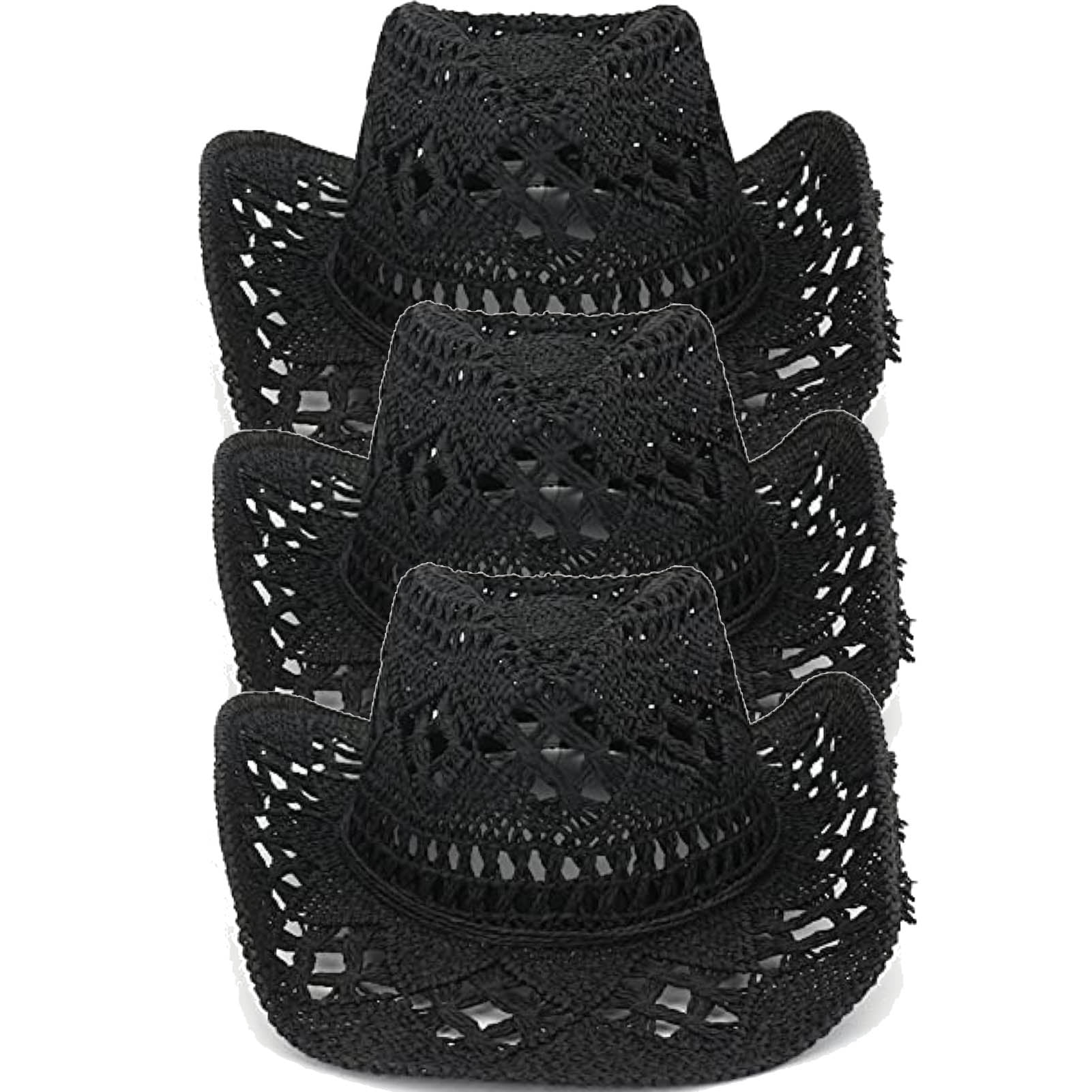 TESOON Black Straw Cowboy Hat Woven Straw Cowboy Hat Leather Band Beach ...