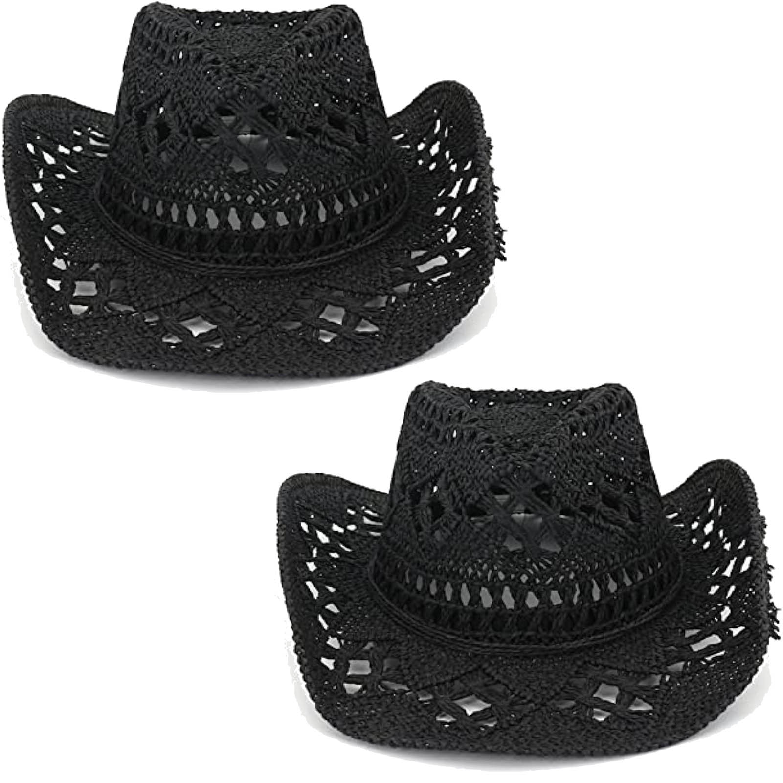 TESOON Black Straw Cowboy Hat Woven Straw Cowboy Hat Leather Band Beach ...