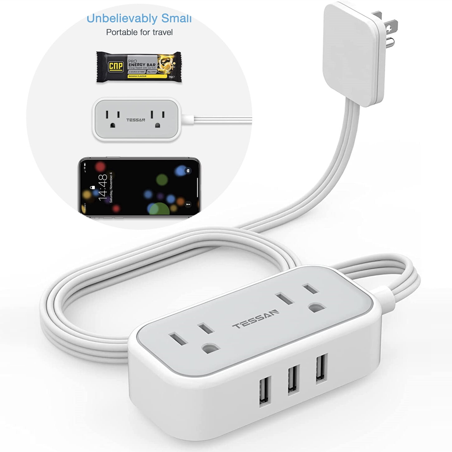 TESSAN Indoor Mini Power Strip with 2 Electrical AC Outlets, 3 USB ...