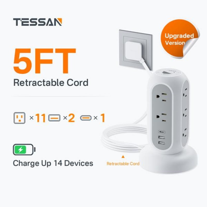 TESSAN Retractable Cord Tower Power Strip Extension Socket with USB C ...