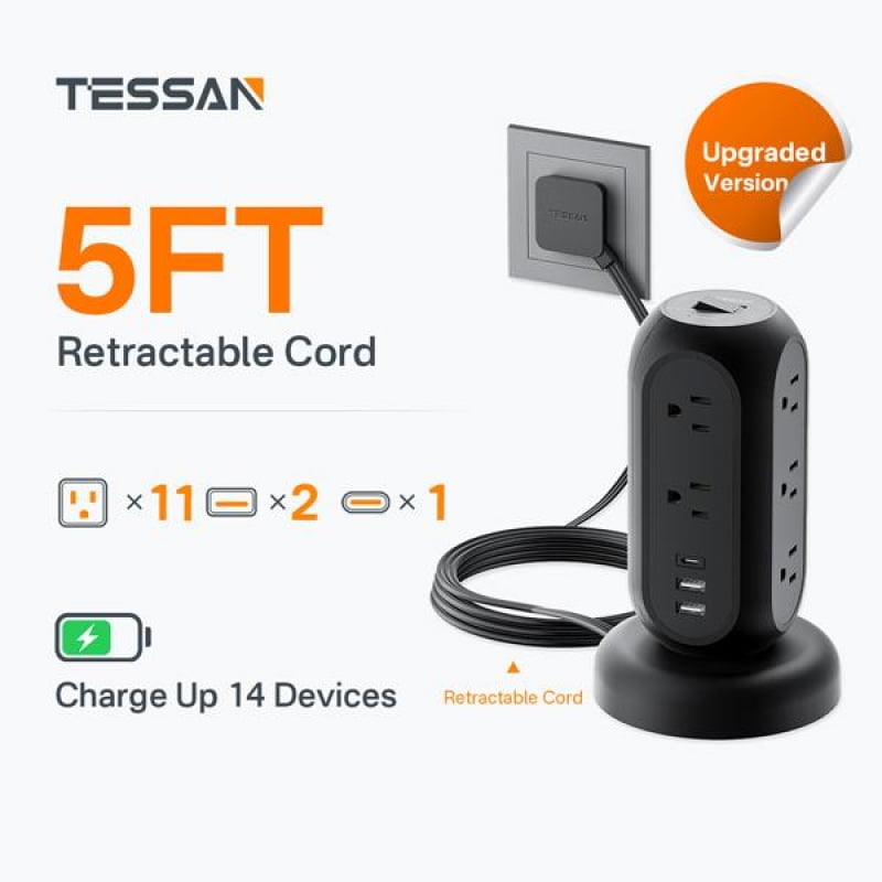 TESSAN Retractable Cord Tower Power Strip Extension Socket with USB C ...