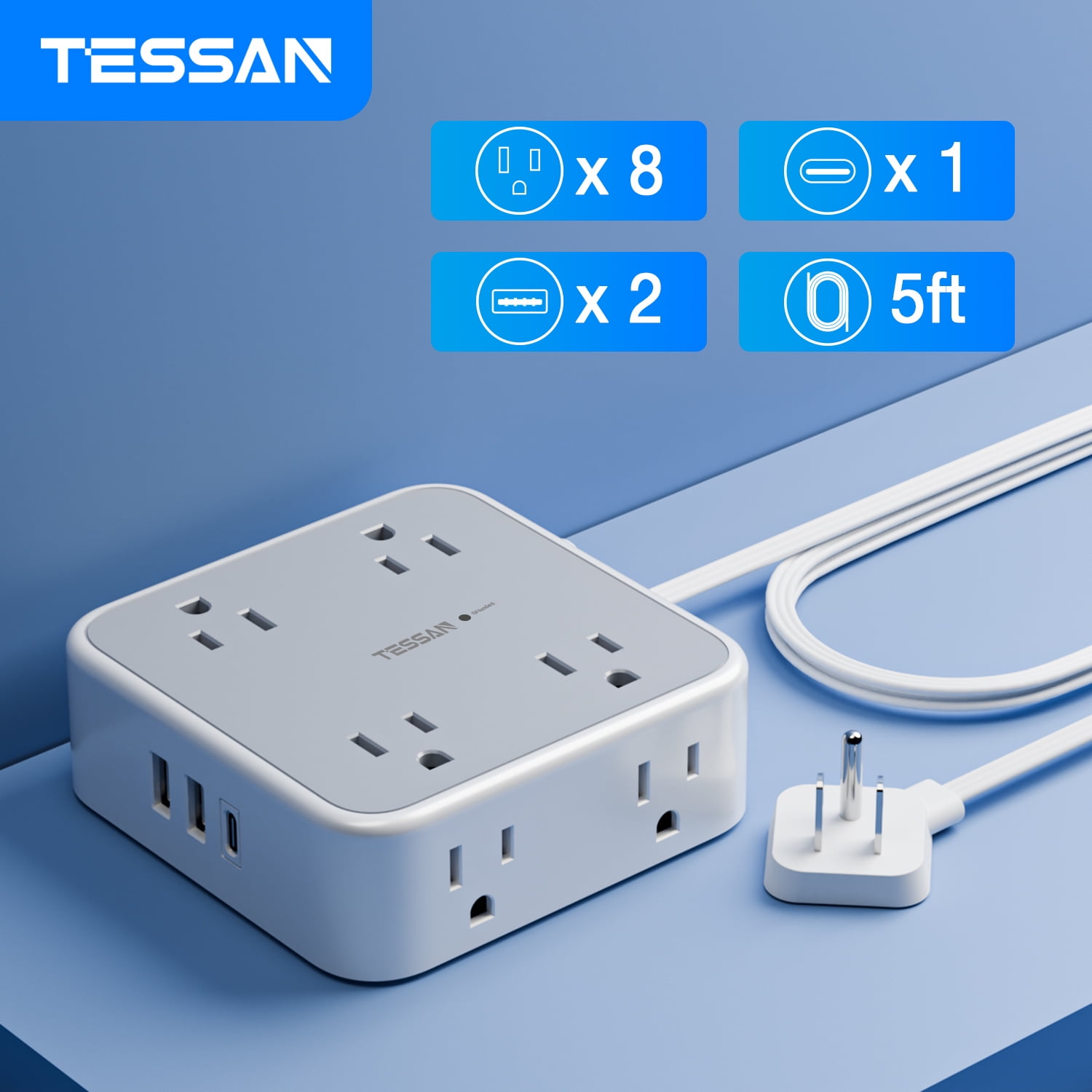 TESSAN Surge Protector Flat Plug Power Strip,5Ft Flat Extension Cord,8 ...