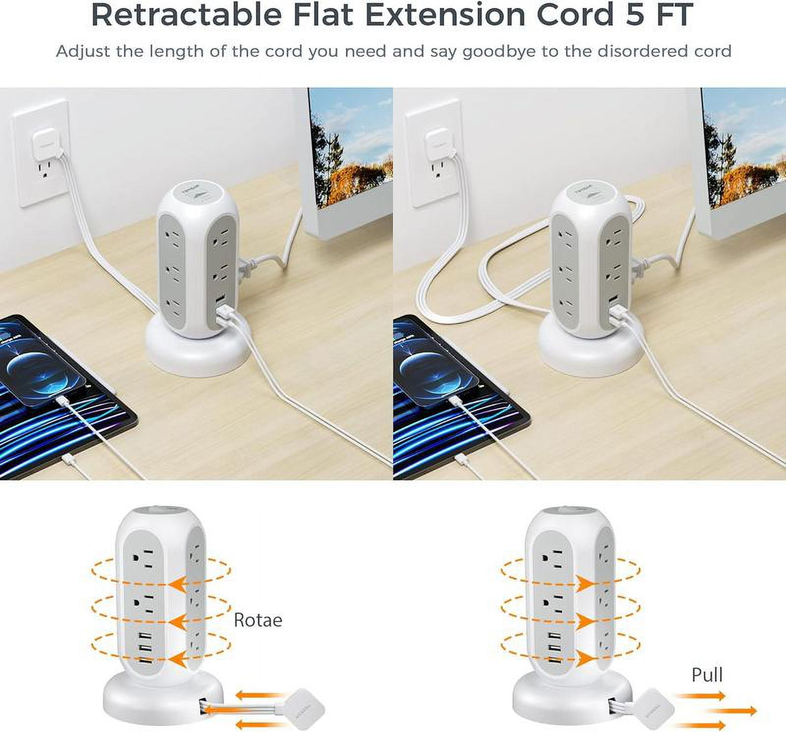 TESSAN Surge Protector with USB C, Retractable Cord Power Strip Tower ...