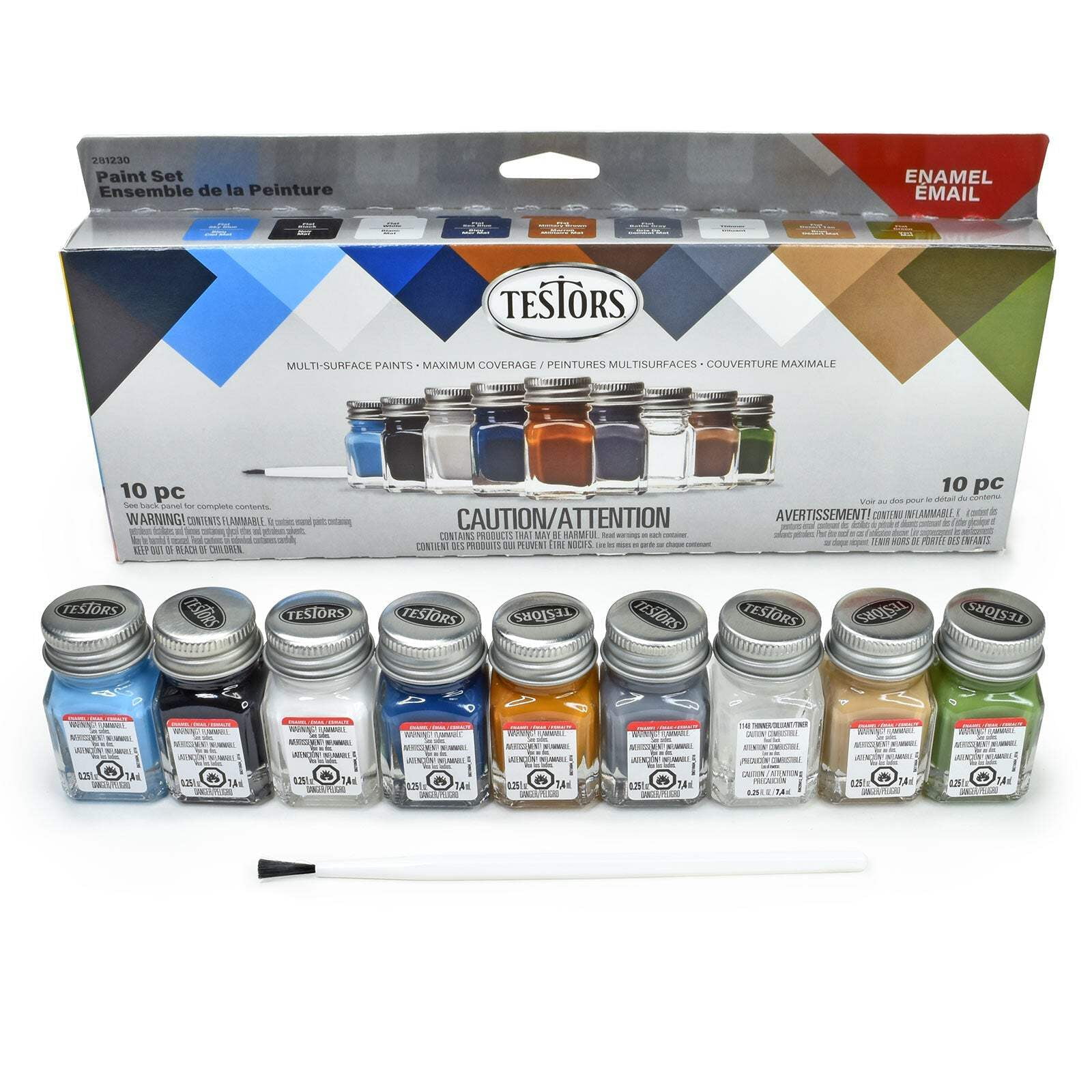 Testors Enamel Paint Set, 9 Flat Colors, Brush and Tray Included, Made ...