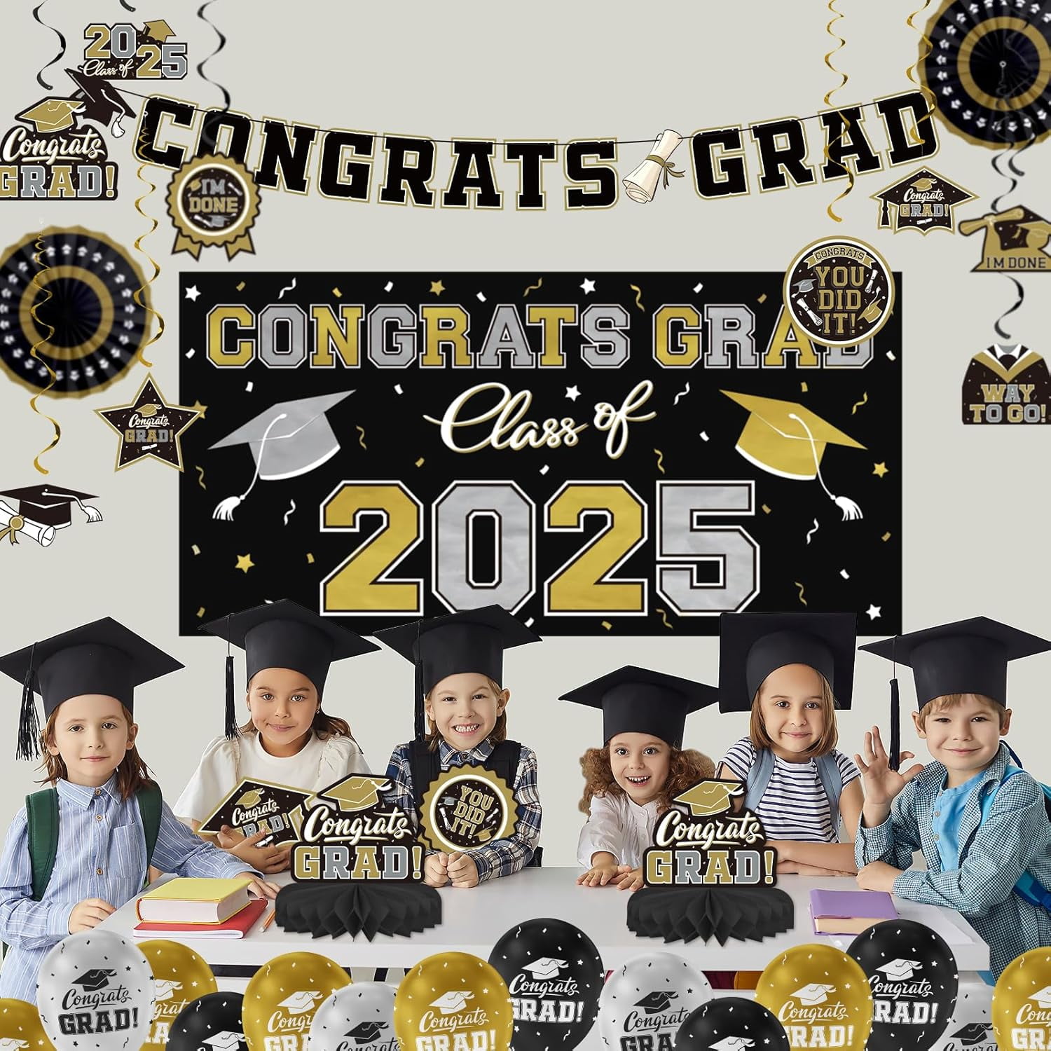 TETAIA Black and Gold Themed 2025 Graduation Decorations Set - Congrats ...