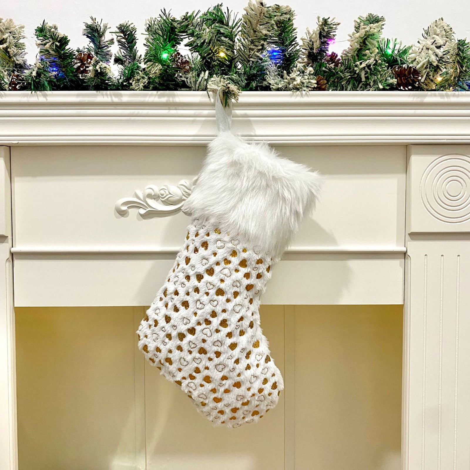 TETAIA White Plush Christmas Stocking With Sequin Snowflakes Festive ...