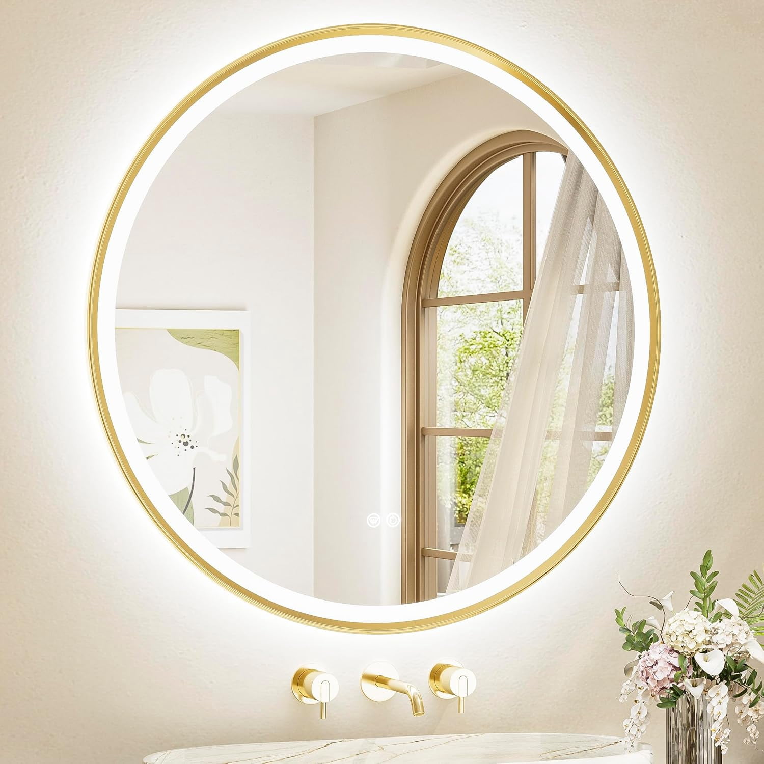 TETOTE Gold Led Round Mirror with Lights 36 Inch Metal Framed Round ...