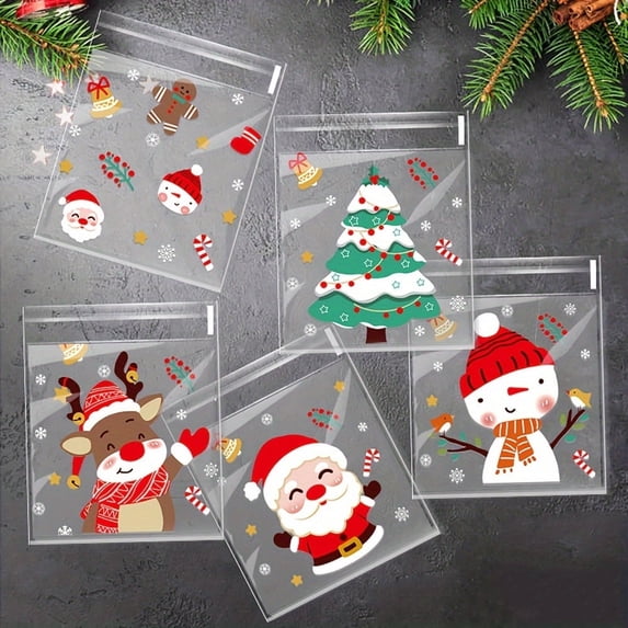 TETOU 100Pcs Christmas Treat Bags, Self-Sealing Cellophane Candy Bags ...