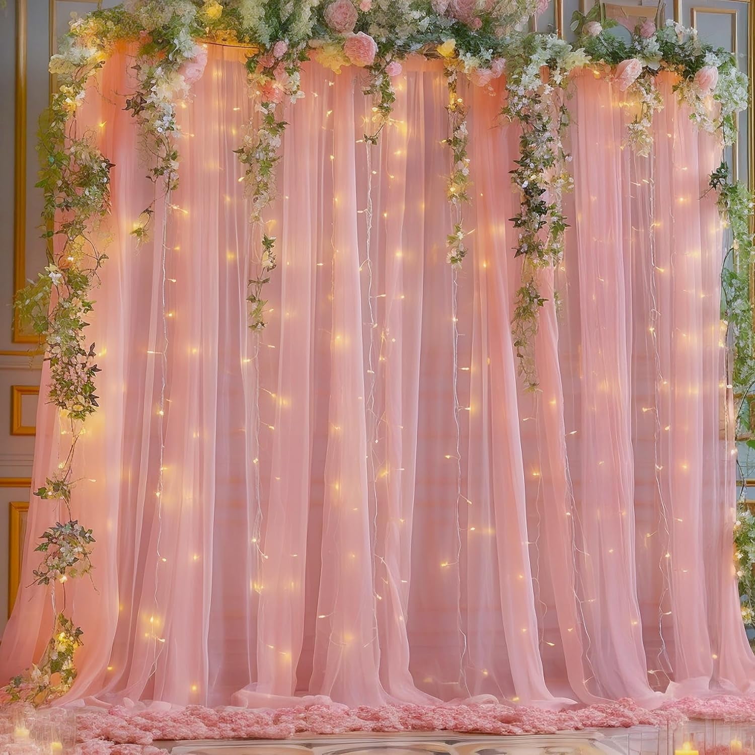 TETOU 10x10ft Tulle Backdrop Curtain with Lights String, Sheer Backdrop ...