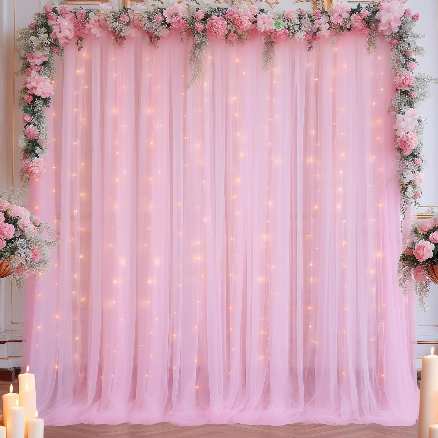 TETOU 10x10ft Tulle Backdrop Curtain with Lights String, Sheer Backdrop ...