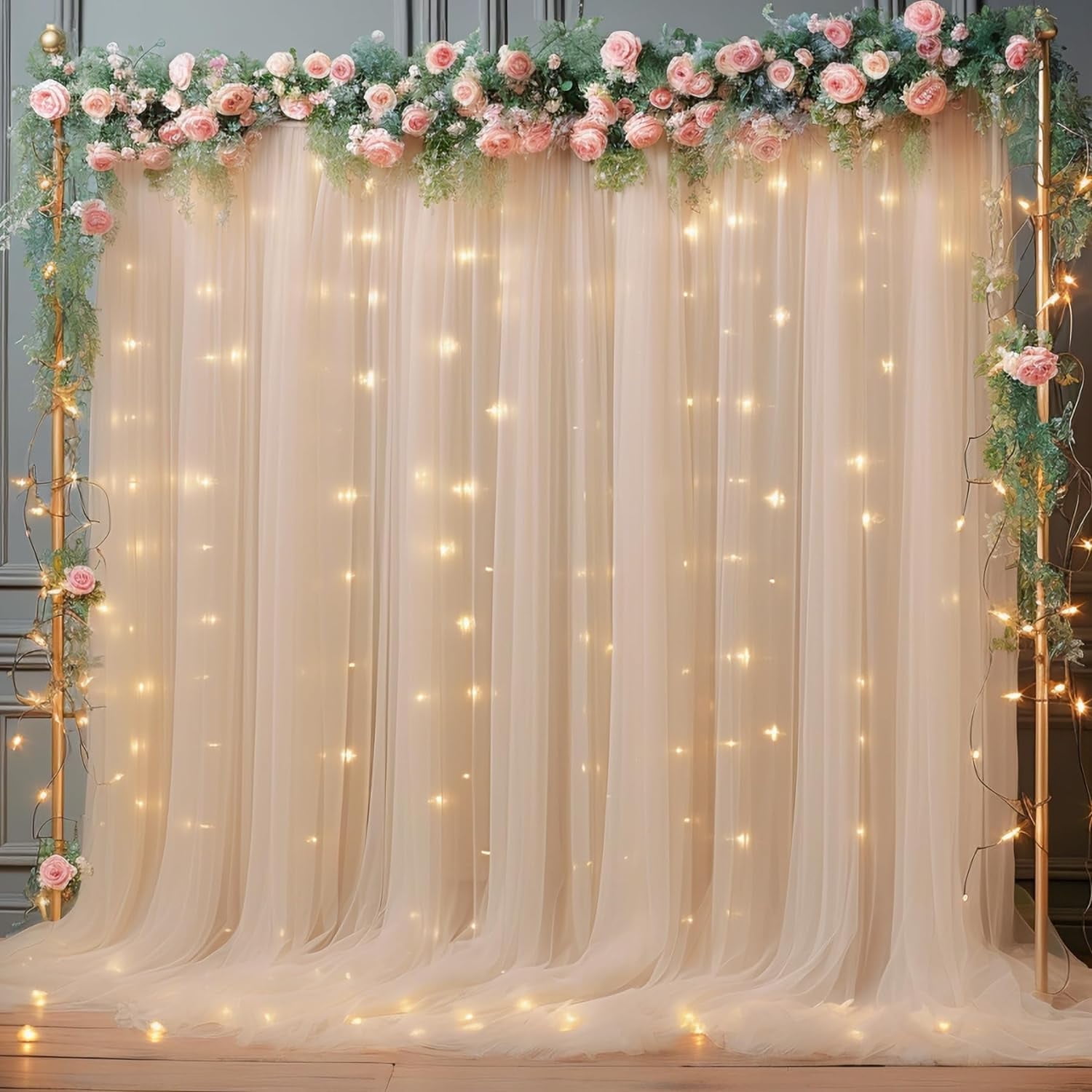 TETOU 10x10ft Tulle Backdrop Curtain with Lights String, Sheer Backdrop ...