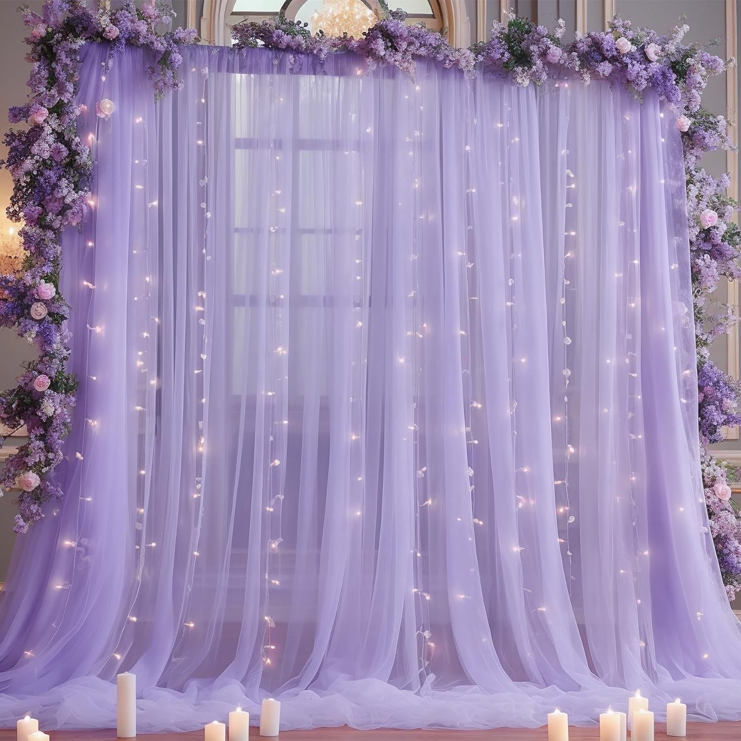 TETOU 10x10ft Tulle Backdrop Curtain with Lights String, Sheer Backdrop ...