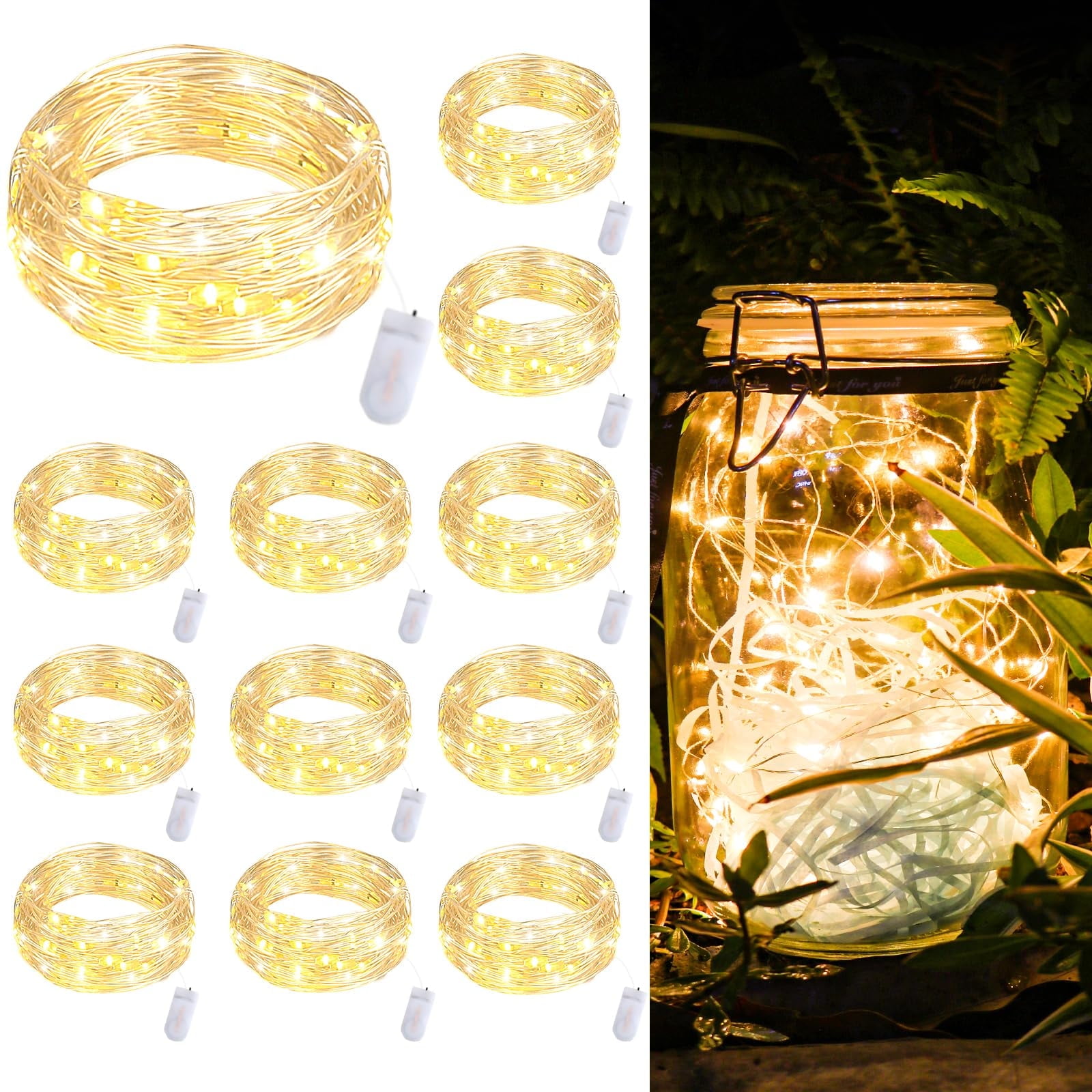 TETOU 12pcs Fairy Lights Battery Operated 7.2ft 20 LED Waterproof Mini String Light Mason Jar ...