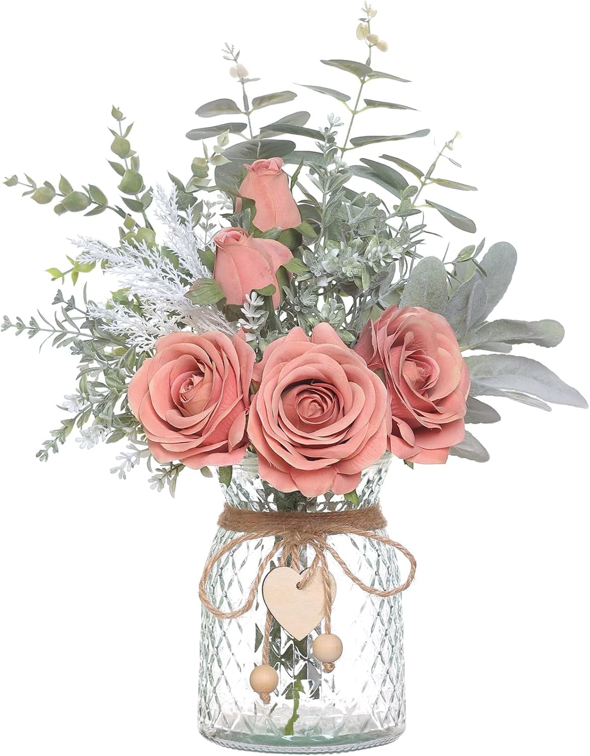 TETOU 14.5*11" Fake Flowers with Vase, Artificial Silk Roses in Vase ...