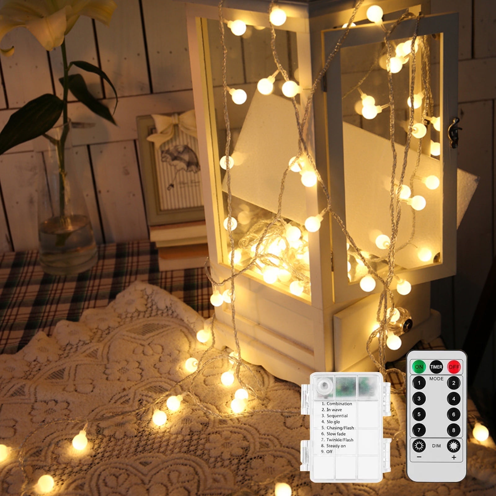 TETOU 1pc 30FT 60LED Battery Operated Globe String Lights, 8 Mode ...