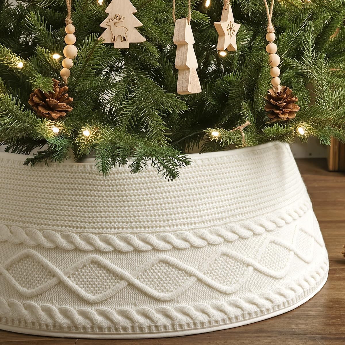 TETOU 28In Knitted Christmas Tree Collar,Cream Farmhouse Rustic Crossed ...