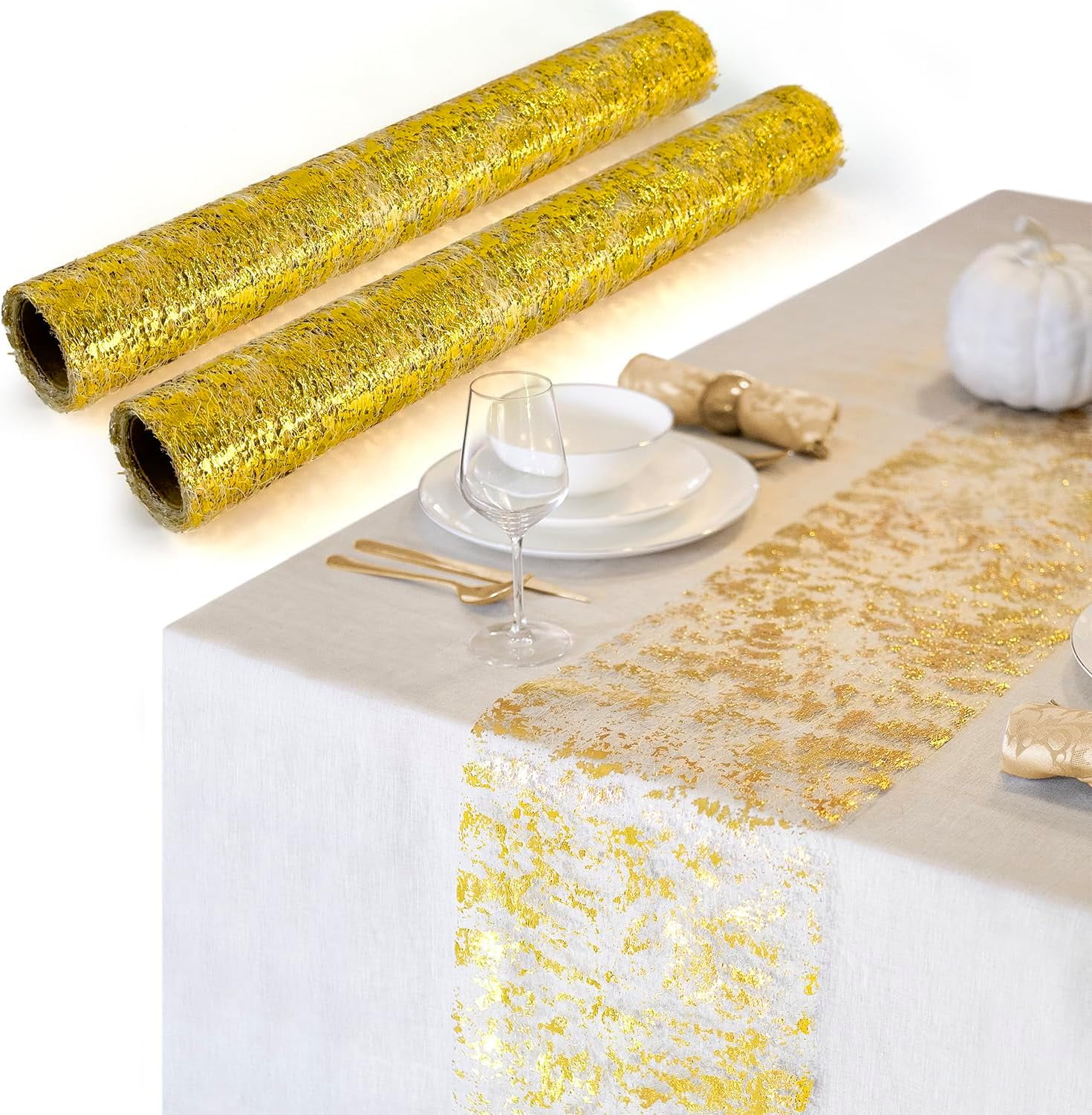 TETOU 2pcs Gold Table Runner Sequin Glitter Foil Metallic Thin Mesh ...