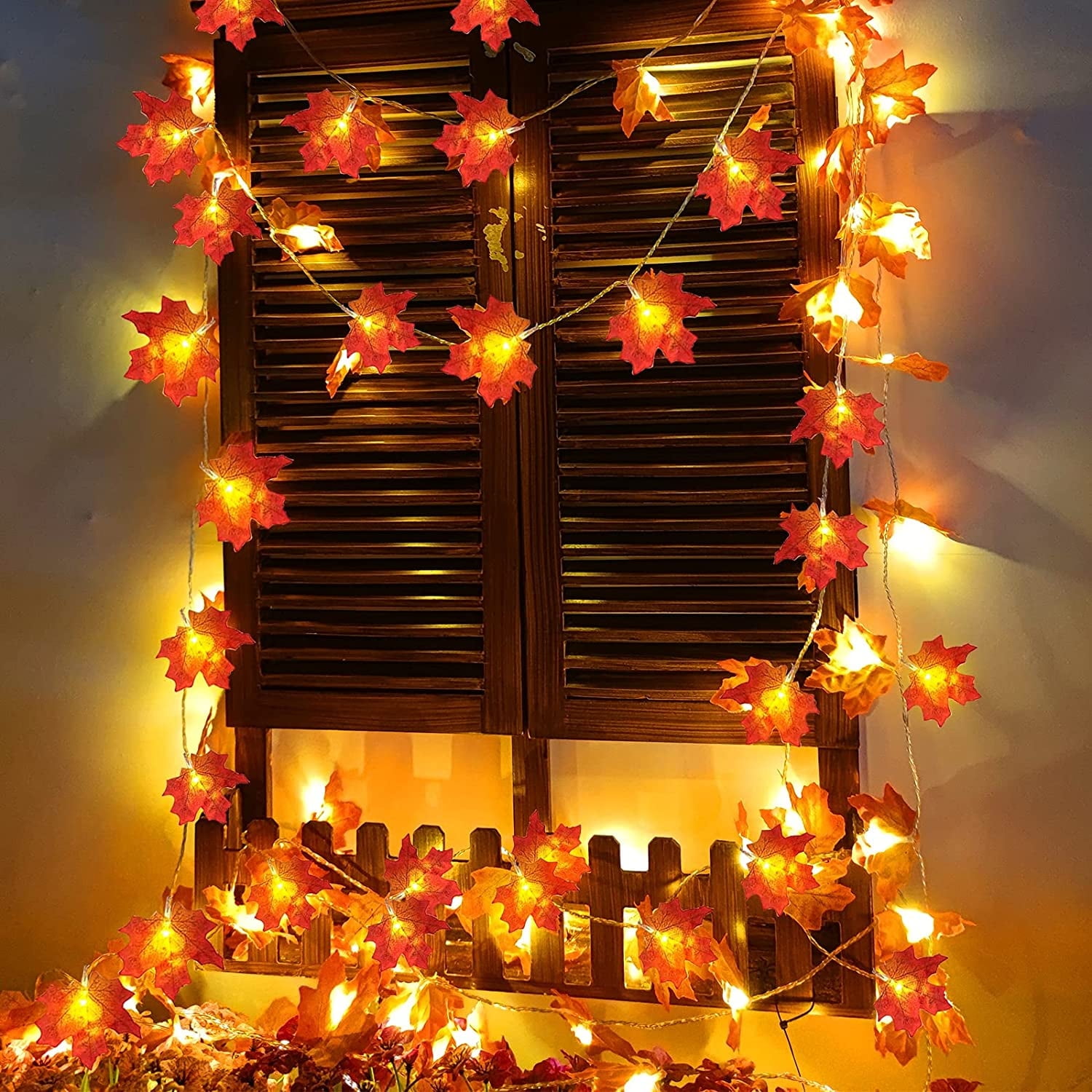 Tetou 2pcs 20Ft Maple Leaf String Lights, 40 LED, Orange Garland, Fall ...