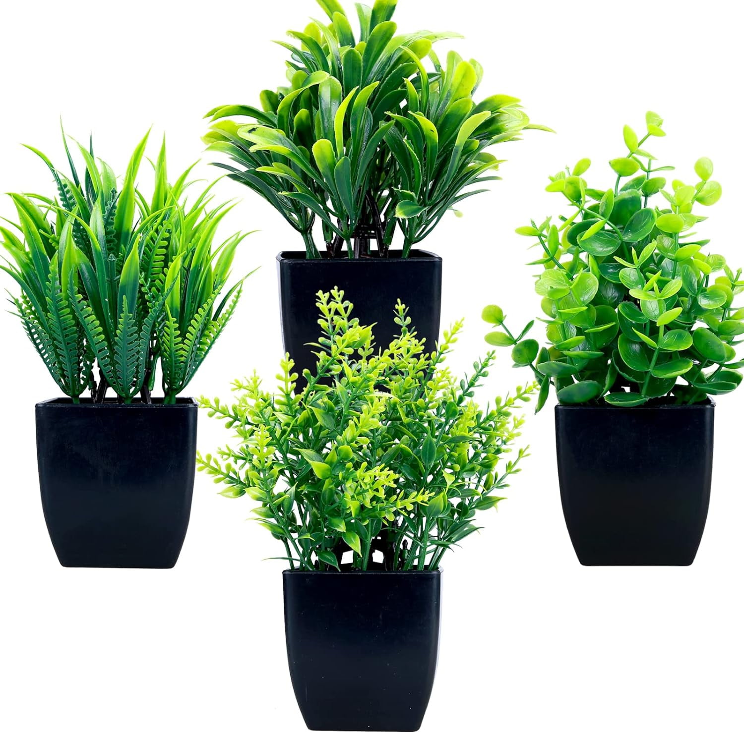 TETOU 4Pcs Fake Plants in Black Pot, Mini Artificial Eucalyptus Potted ...
