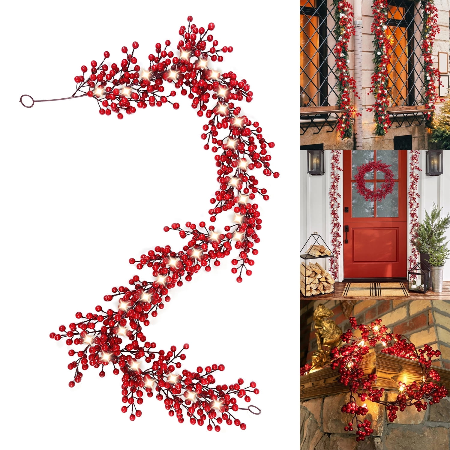 TETOU 5.9ft Christmas Red Berry Garland with Lights DIY Artificial ...