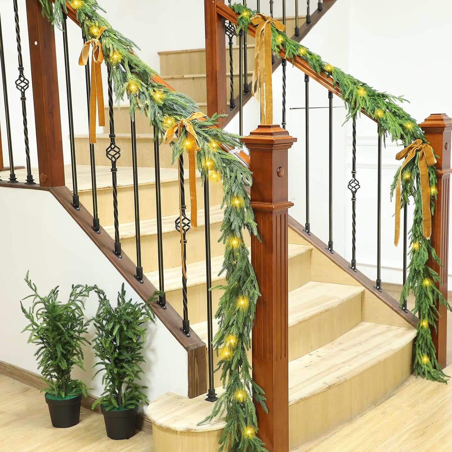 TETOU Indoor 5.6ft Long Full Thick Norfolk Pine Garland with Warm White ...