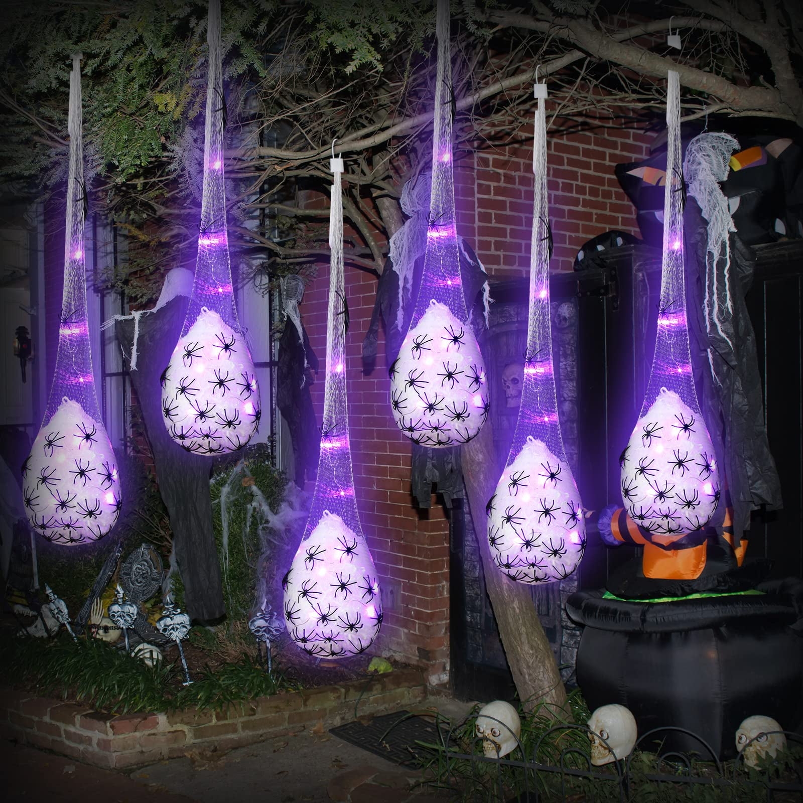 TETOU 6pcs Halloween Hanging Light up Spider Egg Sacs for Outdoor Tree ...