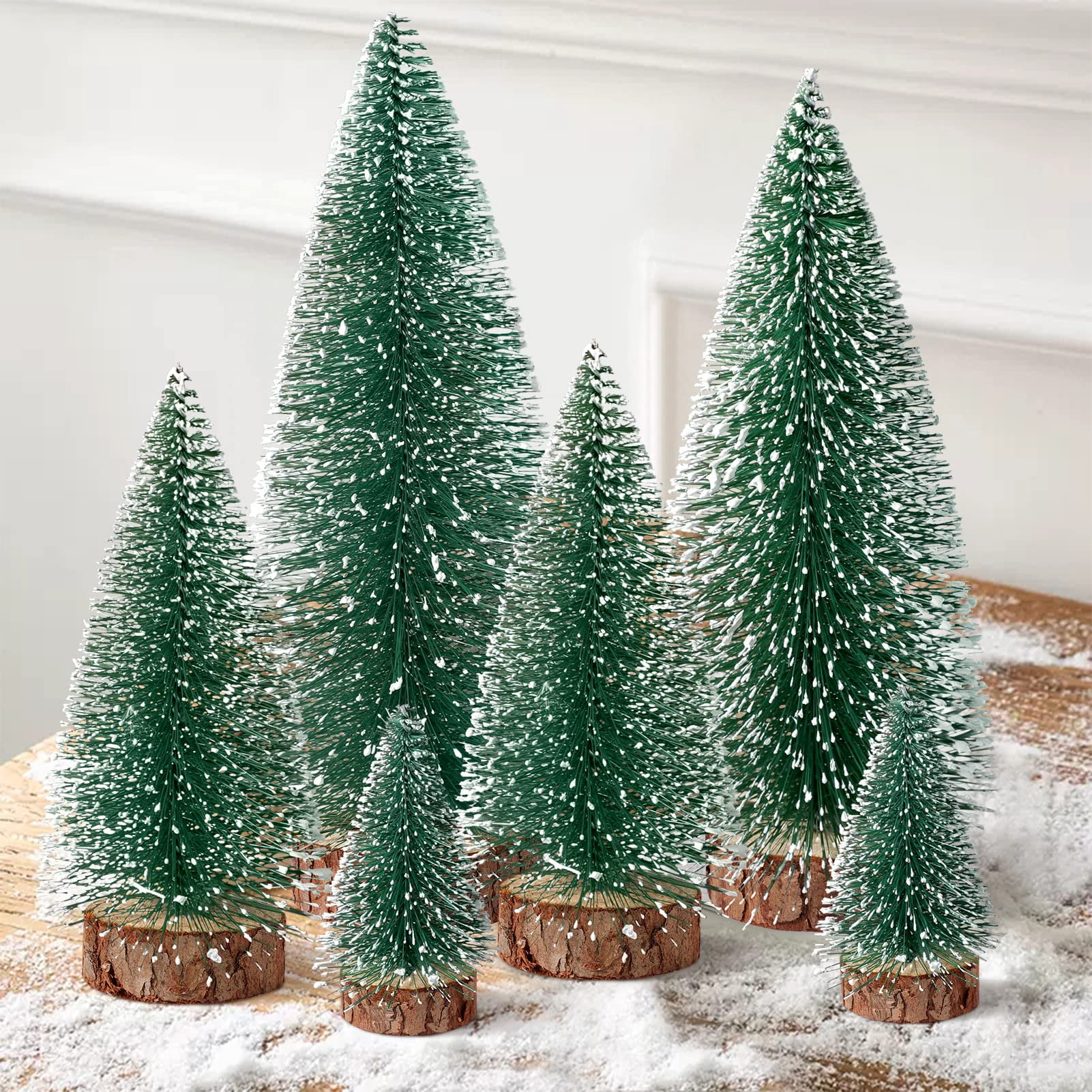 Tetou 6pcs Mini Christmas Trees, Green Pine, 4 Sizes, Snow Bottle Brush ...