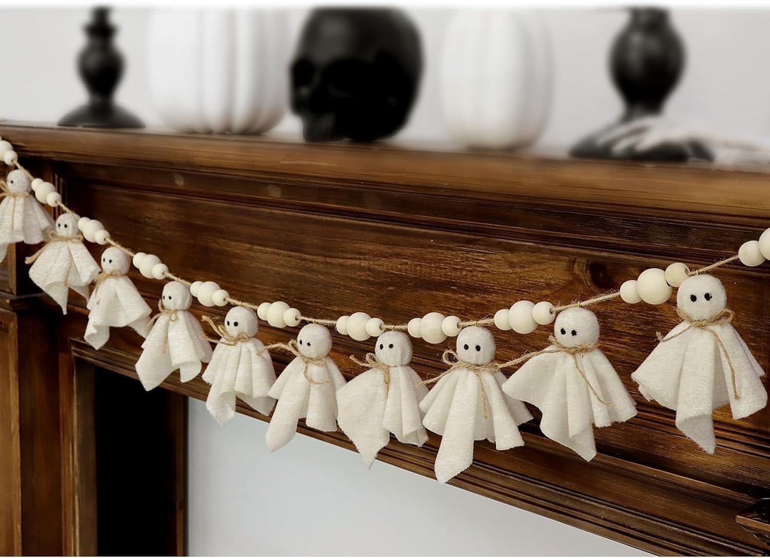TETOU 4Ft Cute Halloween Ghost with Wooden Beads Garlands, Hanging Ghost Garland for Vintage ...