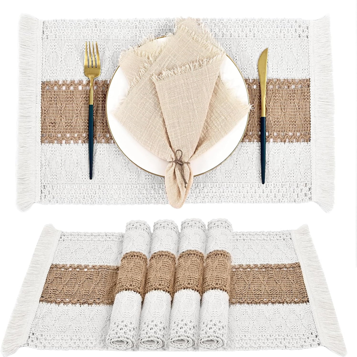TETOU Boho Placemats Set of 4, 20*12 inch Natural Cotton burlap ...