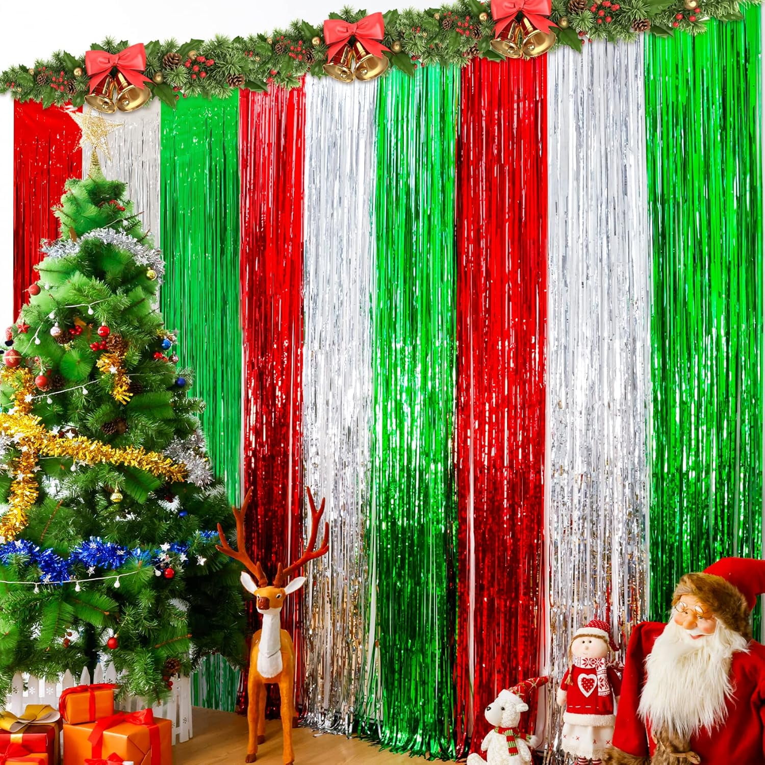 TETOU 3pcs Christmas Foil Fringe Curtains,3.3 x 6.6 ft Red Silver Green ...